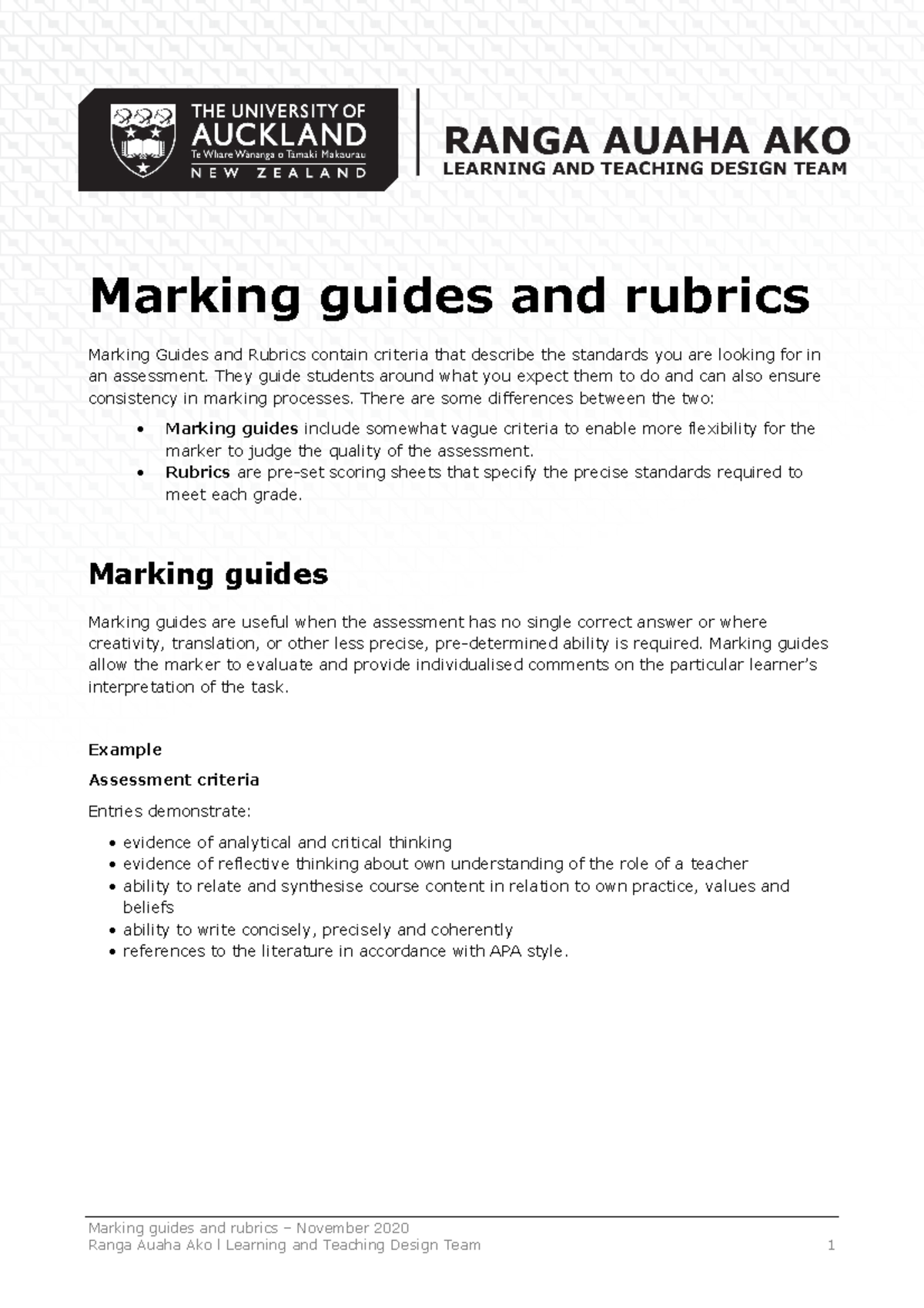 Marking Guides and Rubrics November 2020 - Marking guides and rubrics ...
