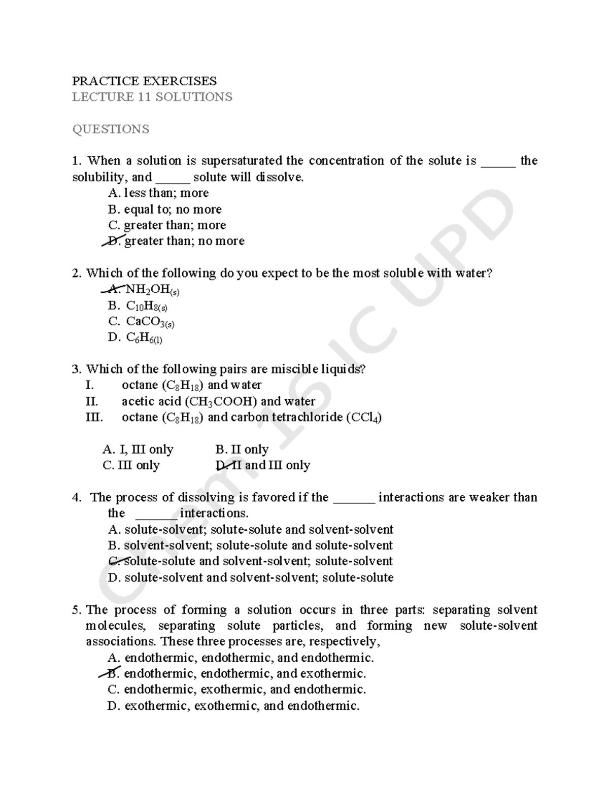 Prob Set - Solutions - chem - PRACTICE EXERCISES LECTURE 11 SOLUTIONS QUESTIONS When a solution ...