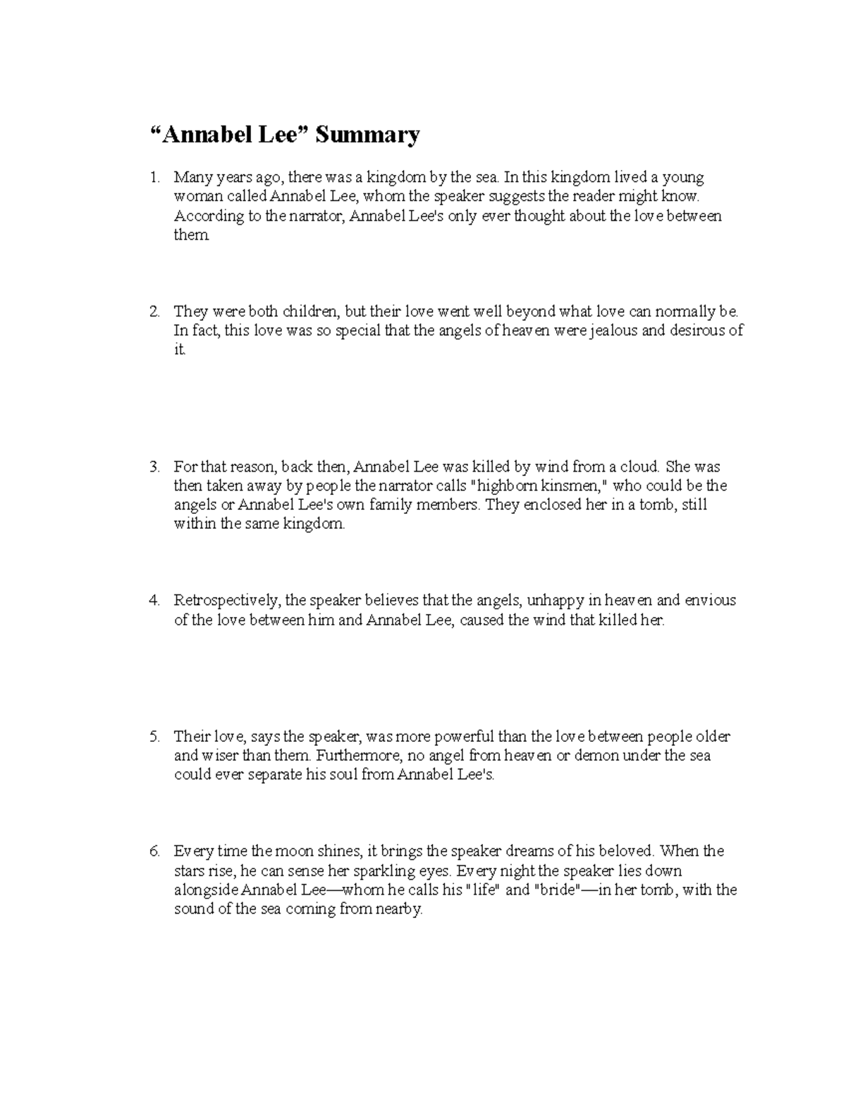 Annabel Lee- Summary - “Annabel Lee” Summary Many years ago, there was ...