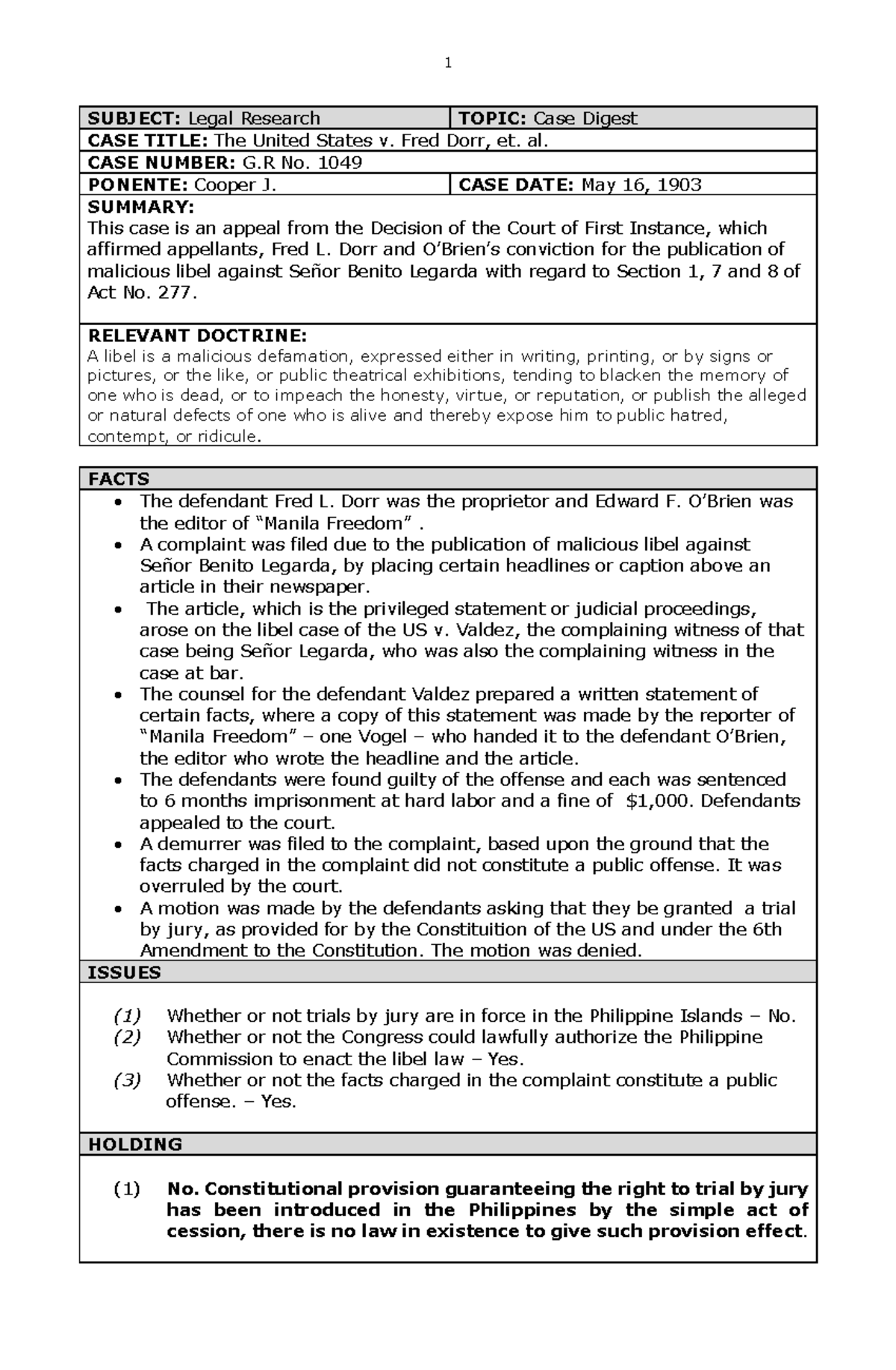 Case Digest - Lecture notes 1 - 1 SUBJECT: Legal Research TOPIC: Case ...