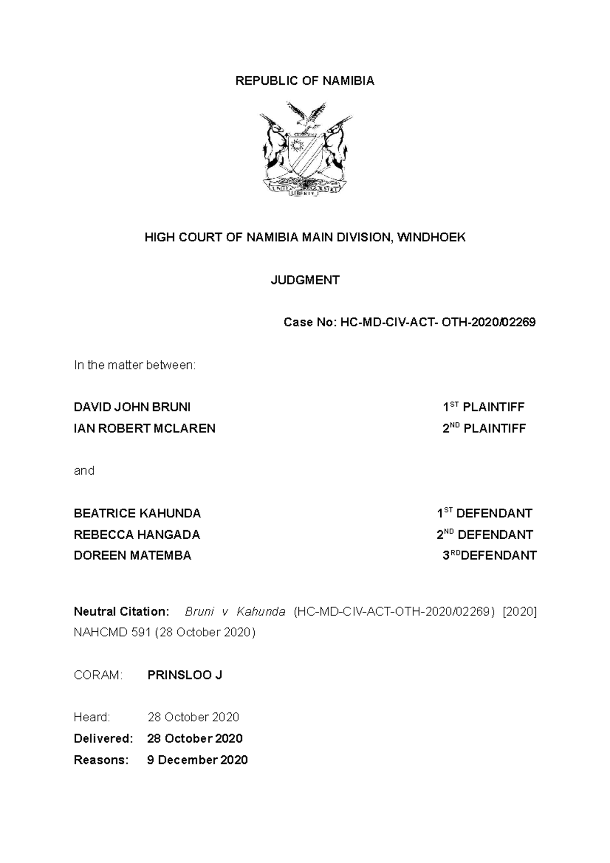 2020-nahcmd-591 case law from law school - REPUBLIC OF NAMIBIA HIGH ...