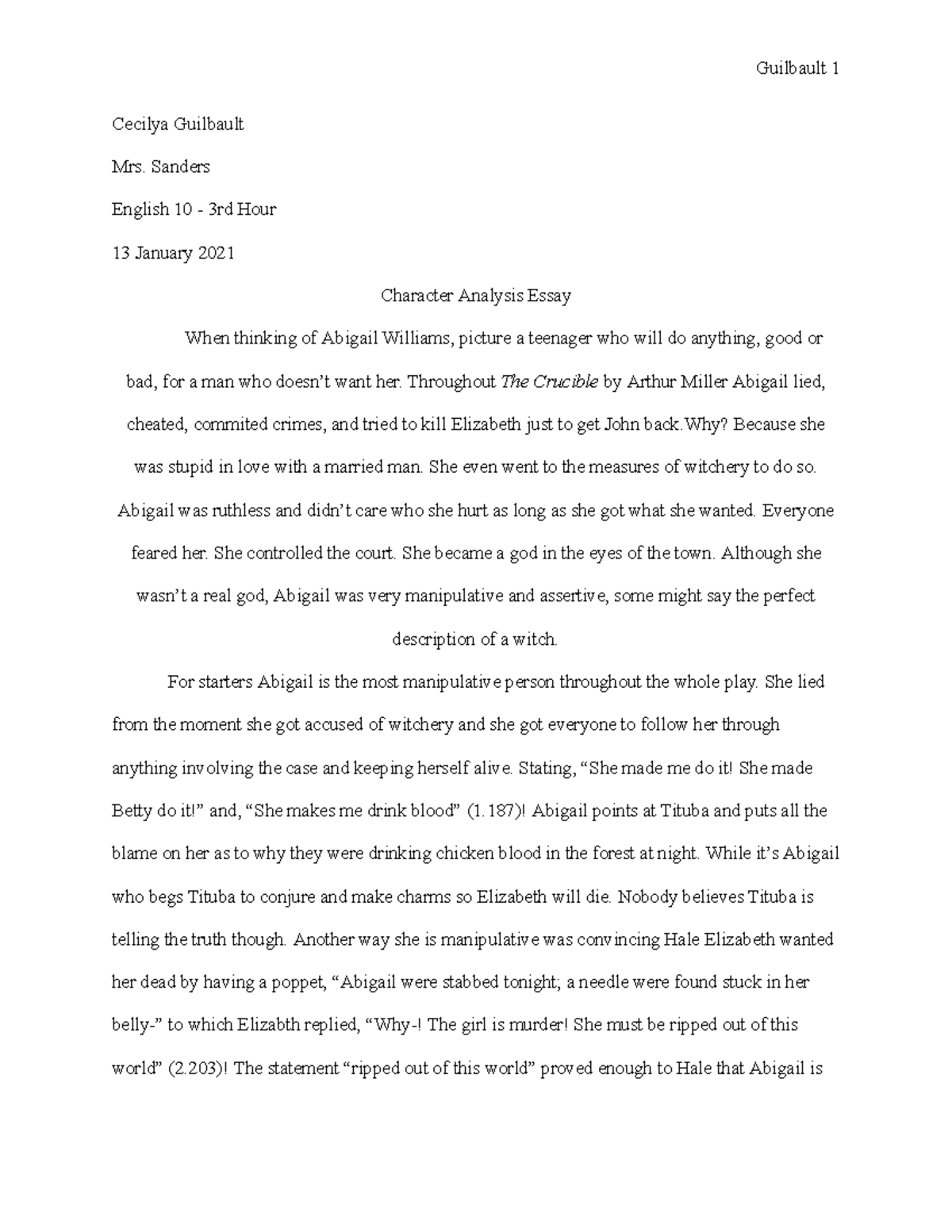 The Crucible Essay - Guilbault 1 Cecilya Guilbault Mrs. Sanders English ...