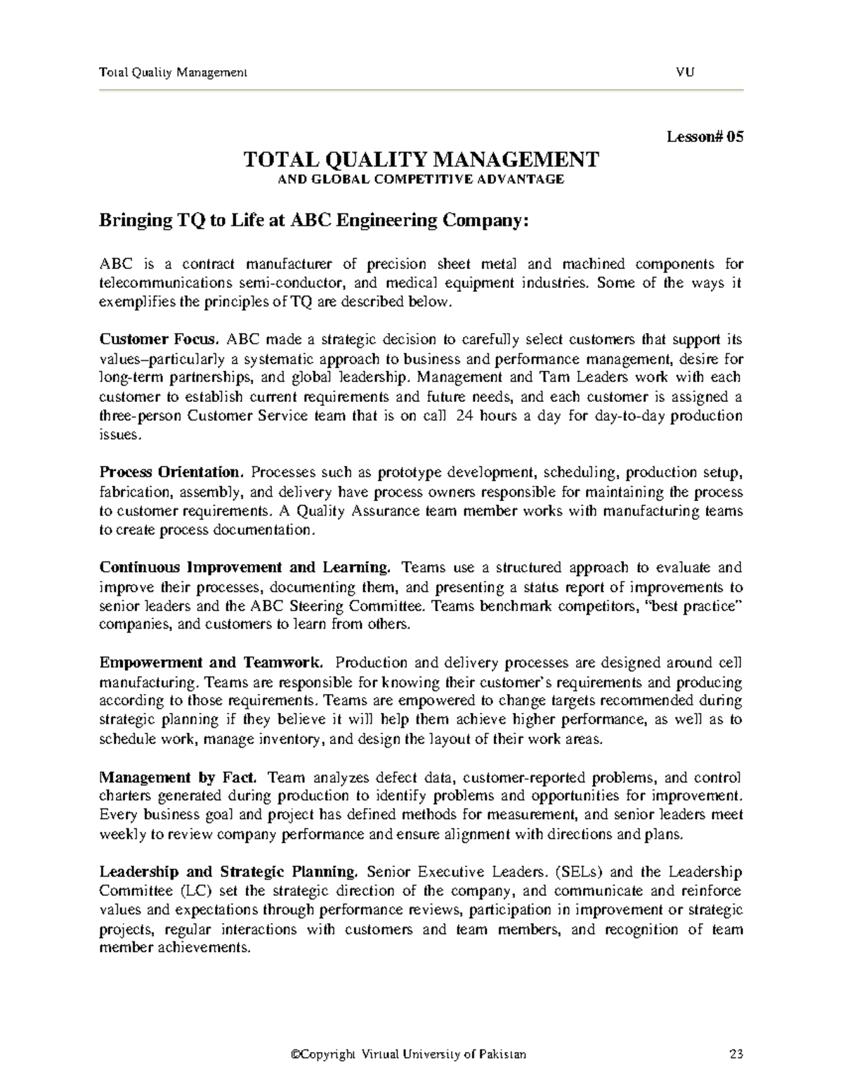 Lecture 05 - Total Quality Management (MGT510) - Lesson# 05 TOTAL ...