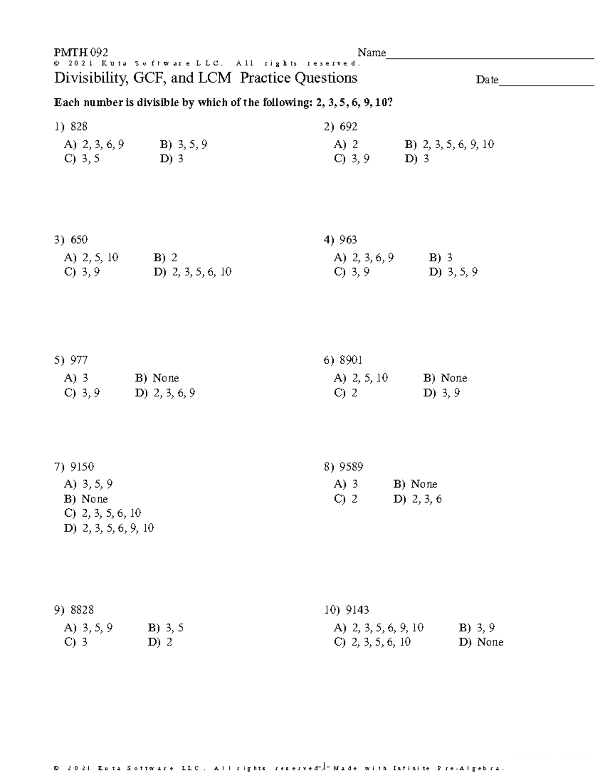 Divisibility, GCF, and LCM Practice Questions - ©d O 2 B 0 G 2 r 1 e ...
