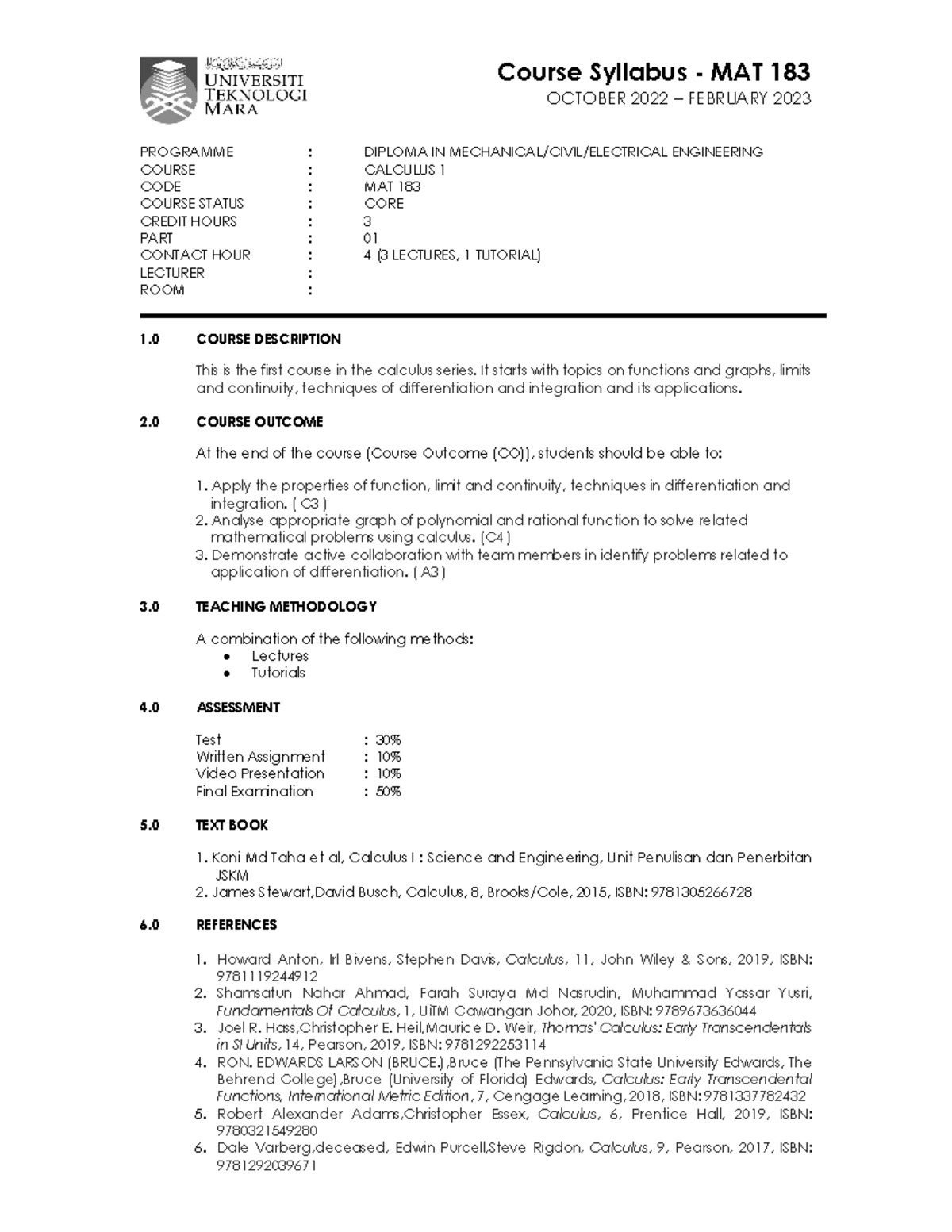 MAT183 - Lesson plan - Course Syllabus - MAT 183 OCTOBER 2022 – FEBRUARY 2023 PROGRAMME ...