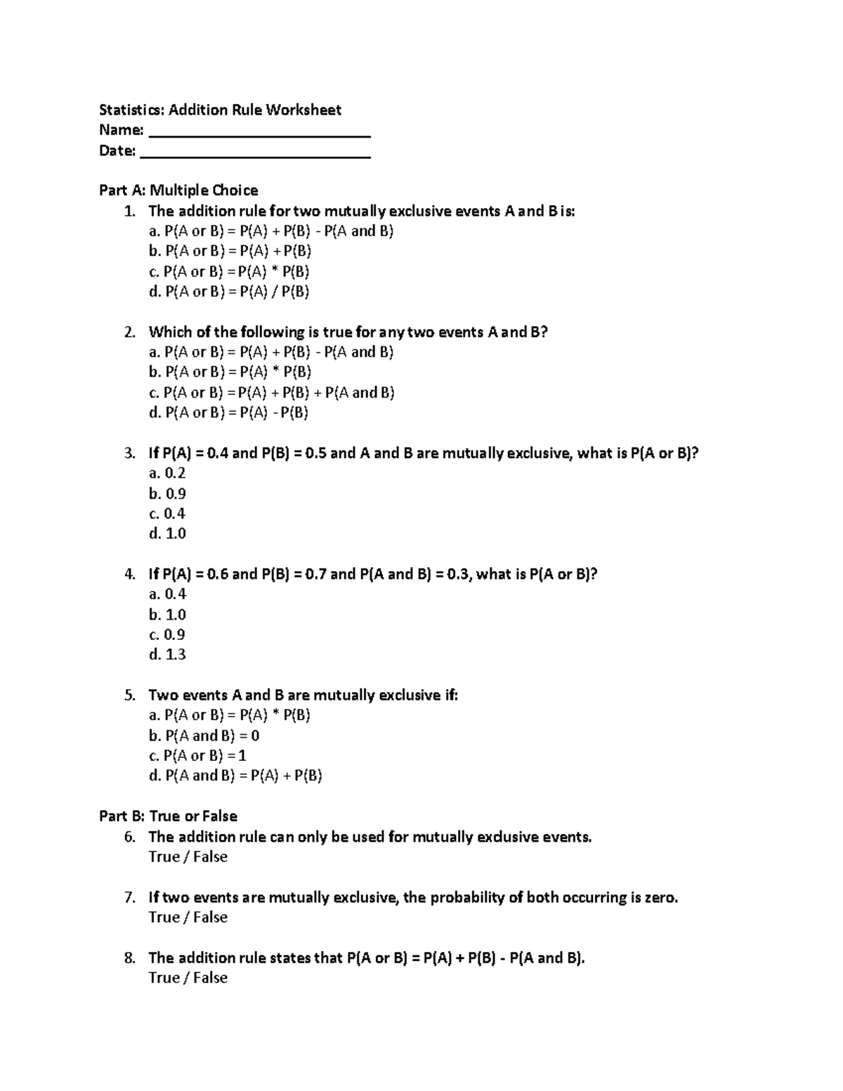 *Key*Addition Rule - Worksheet on the addition rule. - Statistics ...