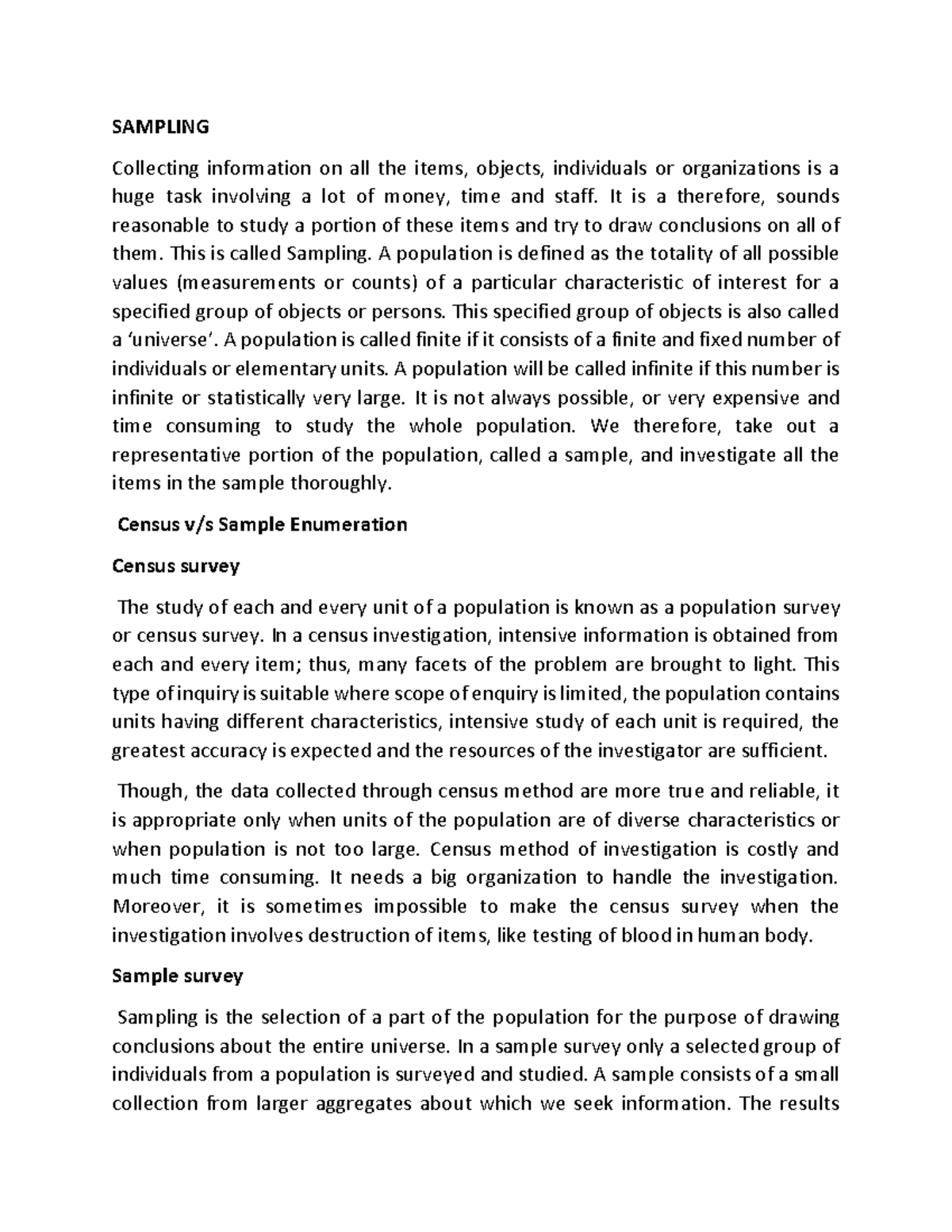 Sampling and census survey - SAMPLING Collecting information on all the ...
