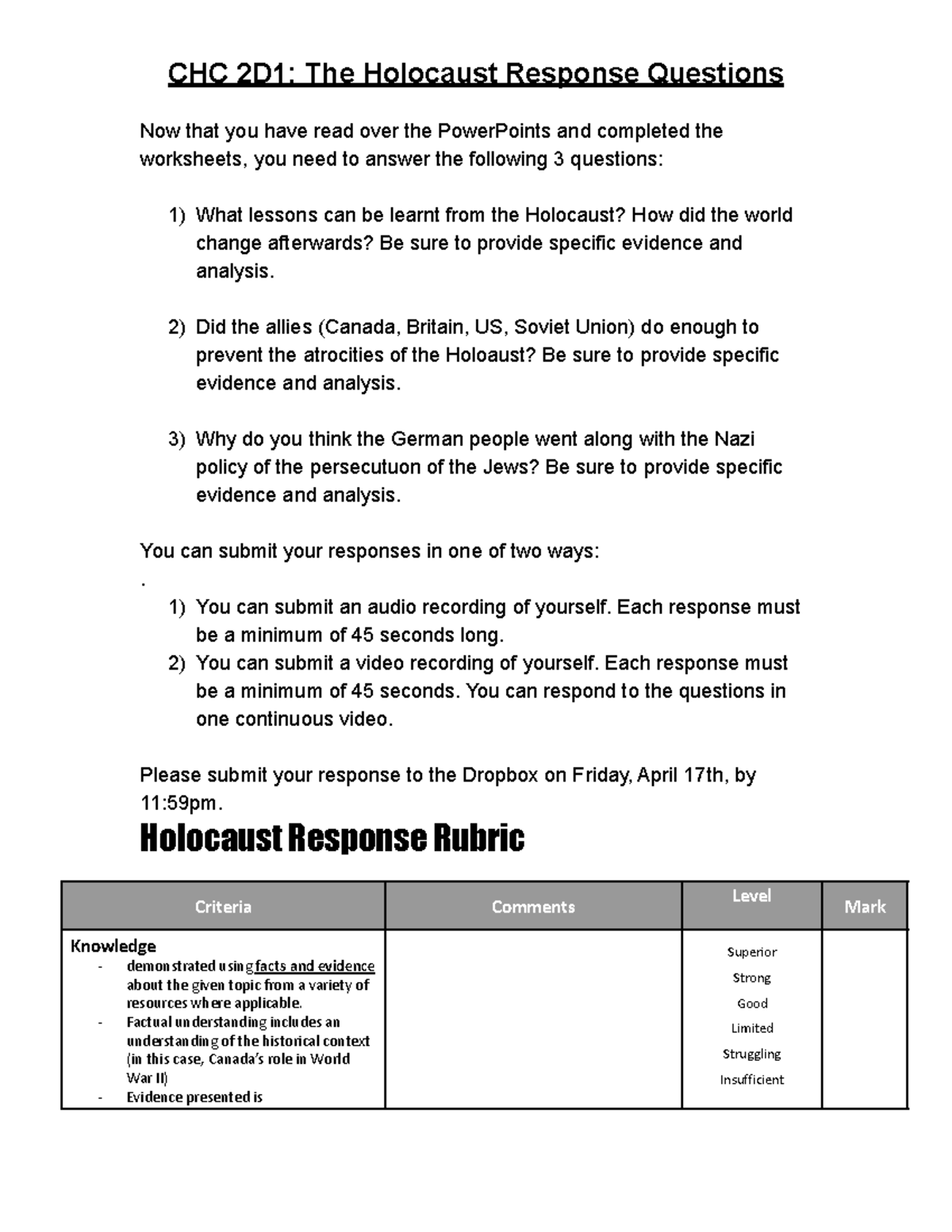 Copy of 2D The Holocaust 2020 - CHC 2D1: The Holocaust Response ...