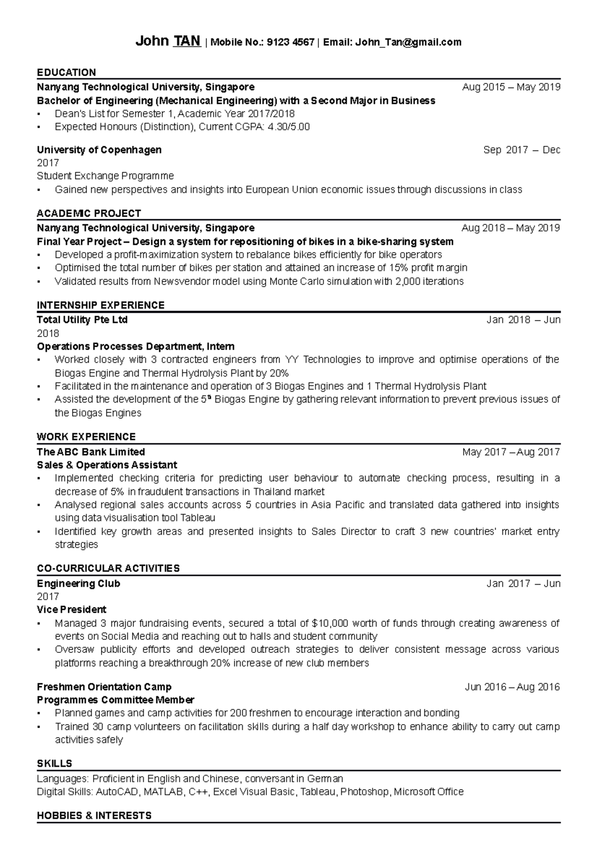 NTU ML0003 Resume Template - John TAN | Mobile No.: 9123 4567 | Email ...