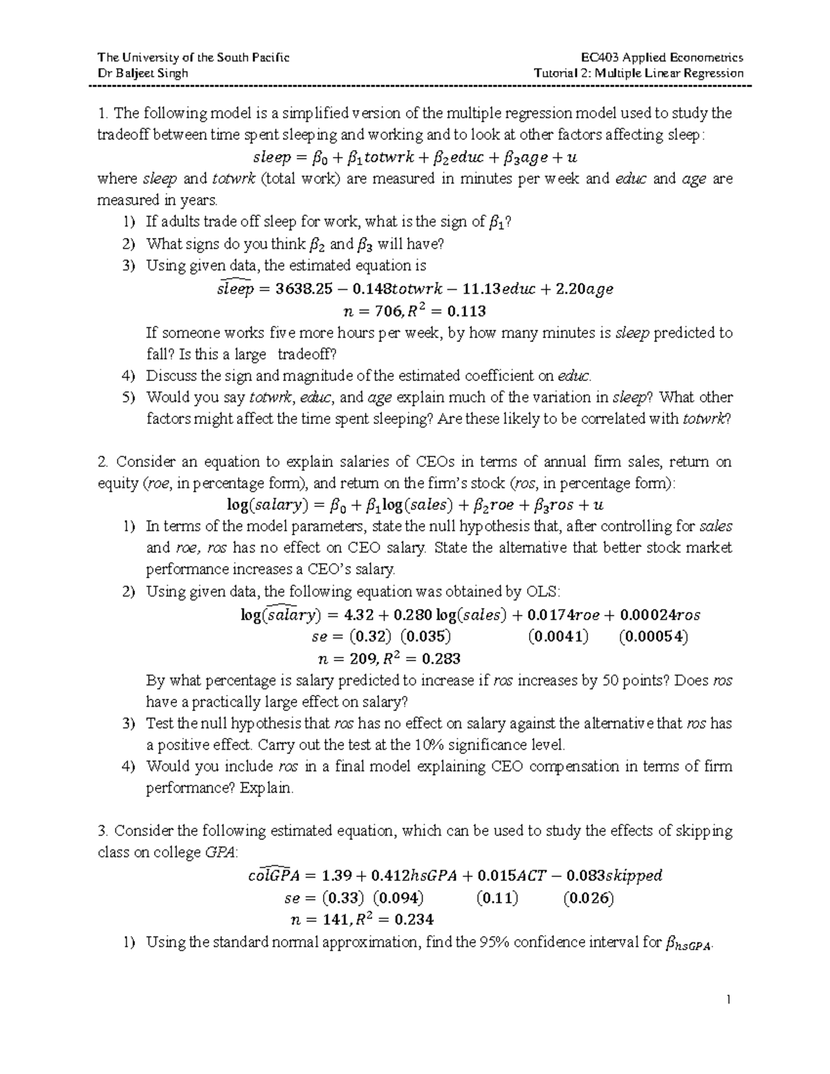 Tutorial 2 Multiple linear - The University of the South Pacific Dr ...