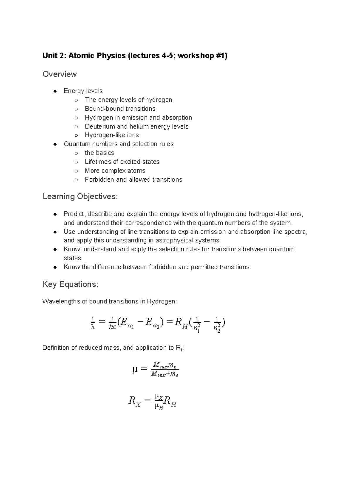 PHY242 Unit 2 - Note Summary - Unit 2: Atomic Physics (lectures 4-5 ...