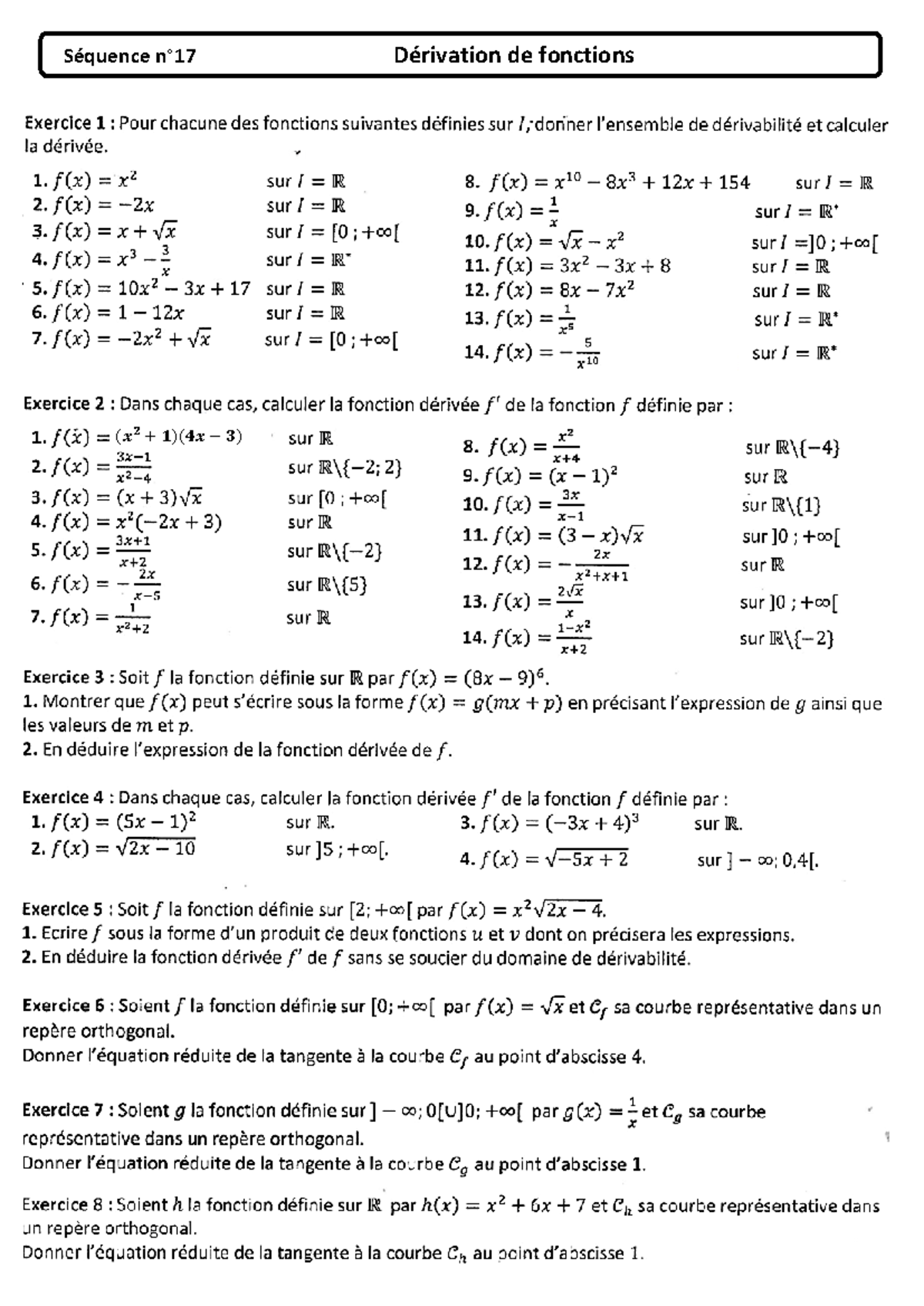 17) Dérivation exos-3 - Mathématiques - Séquence n°1 7 Dérivation de fonctions (𝒙𝟐 + 𝟏)(𝟒𝒙 − 𝟑 ...