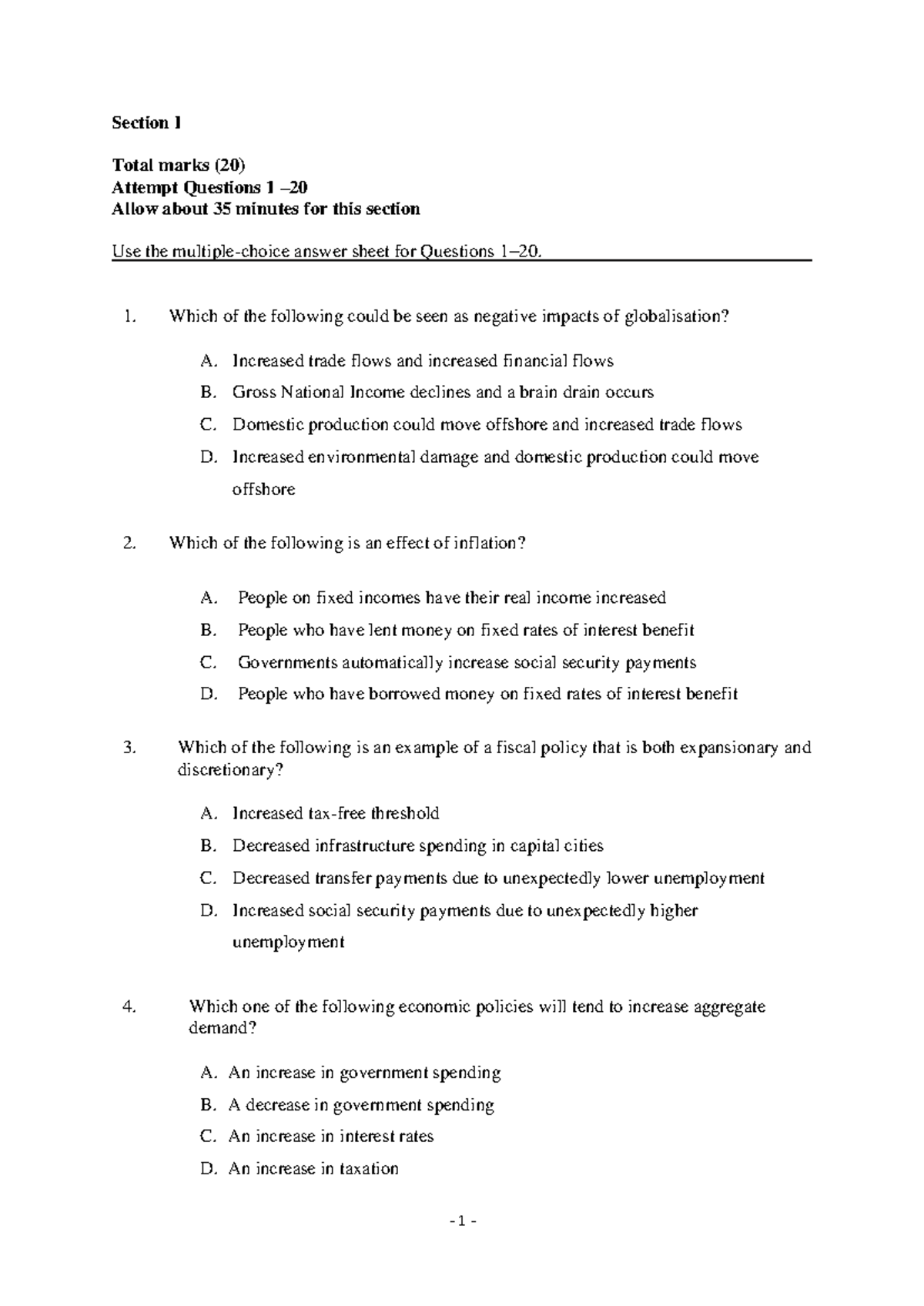 2021 Trial HSC Economics - 1 - Section I Total marks (20) Attempt ...