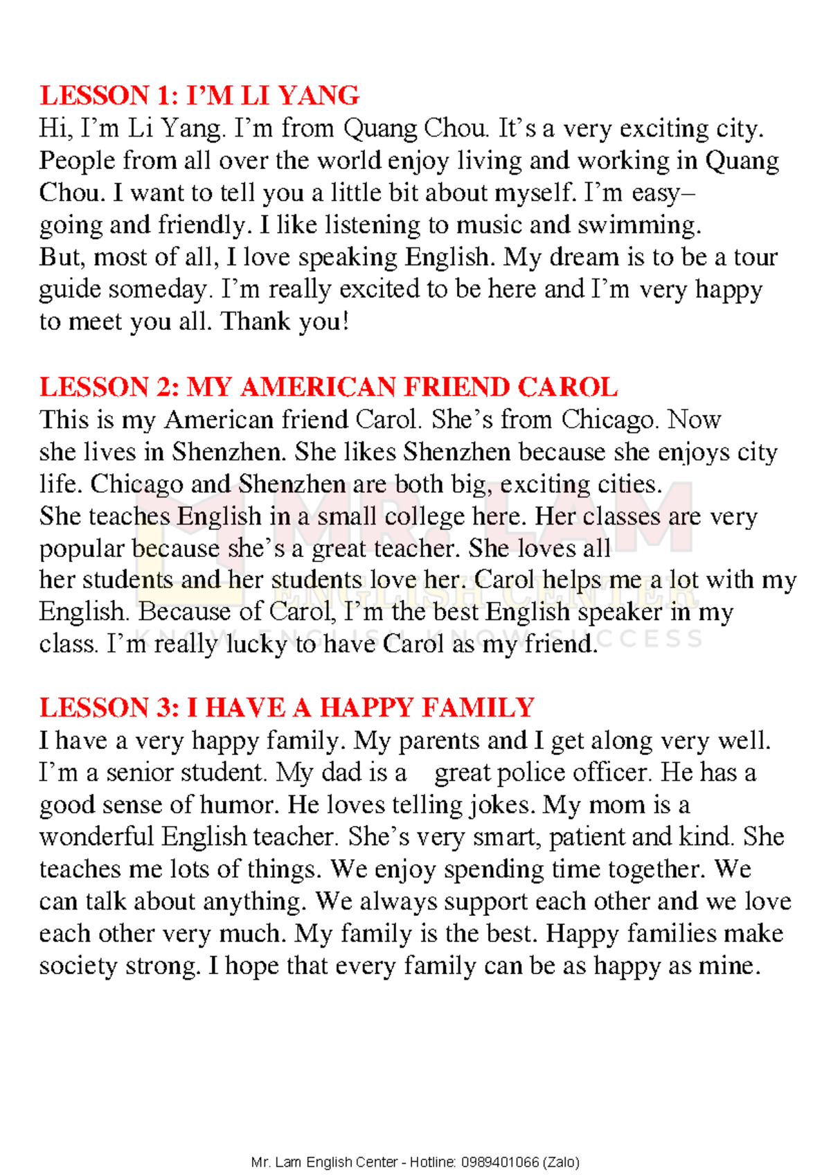 Lesson 1, 2, 3 - English - LESSON 1: I’M LI YANG Hi, I’m Li Yang. I’m ...
