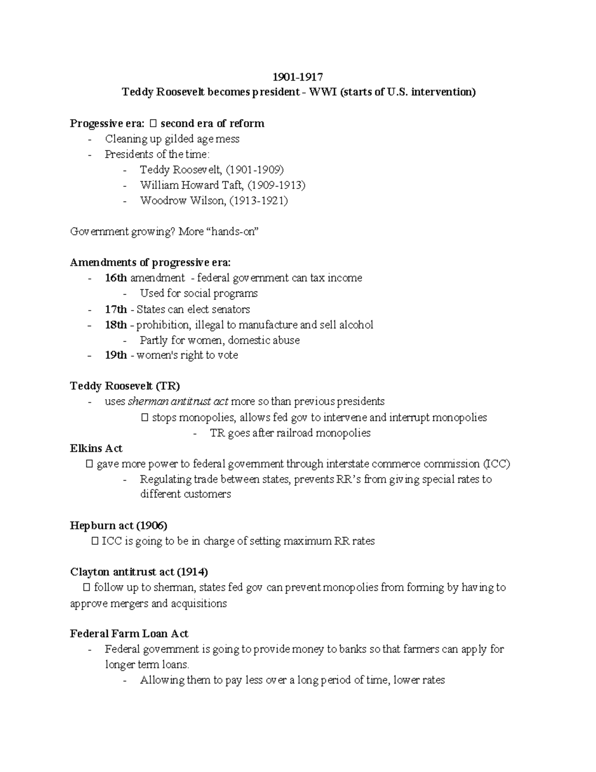 Progessive Era Notes - 1901- Teddy Roosevelt becomes president - WWI ...