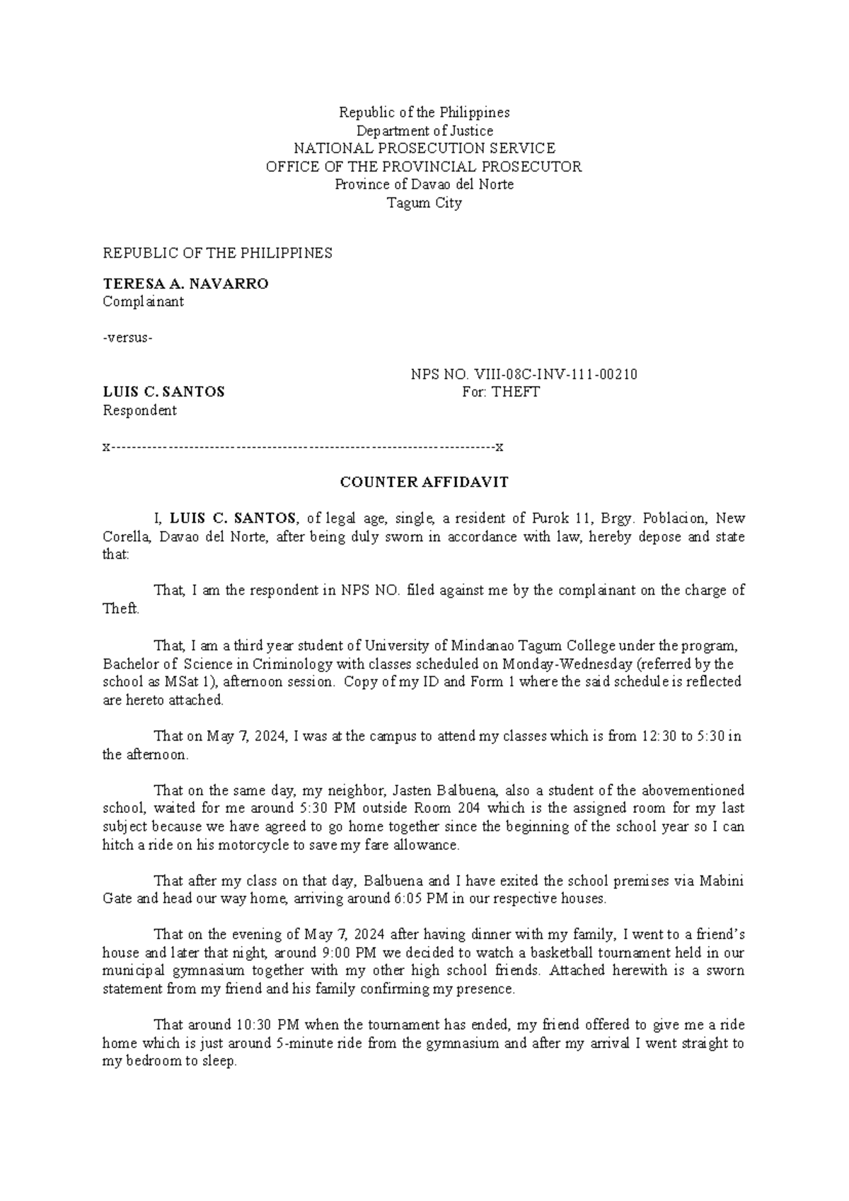 Counter Affidavit - Republic of the Philippines Department of Justice ...
