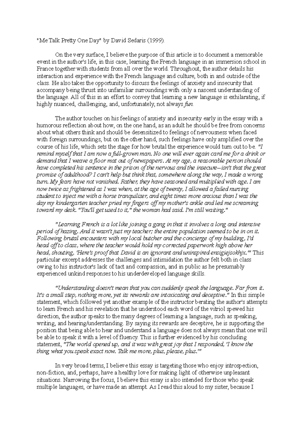 Writing Notes 1 7 - Assignment 1: "Me Talk Pretty One Day" by David ...