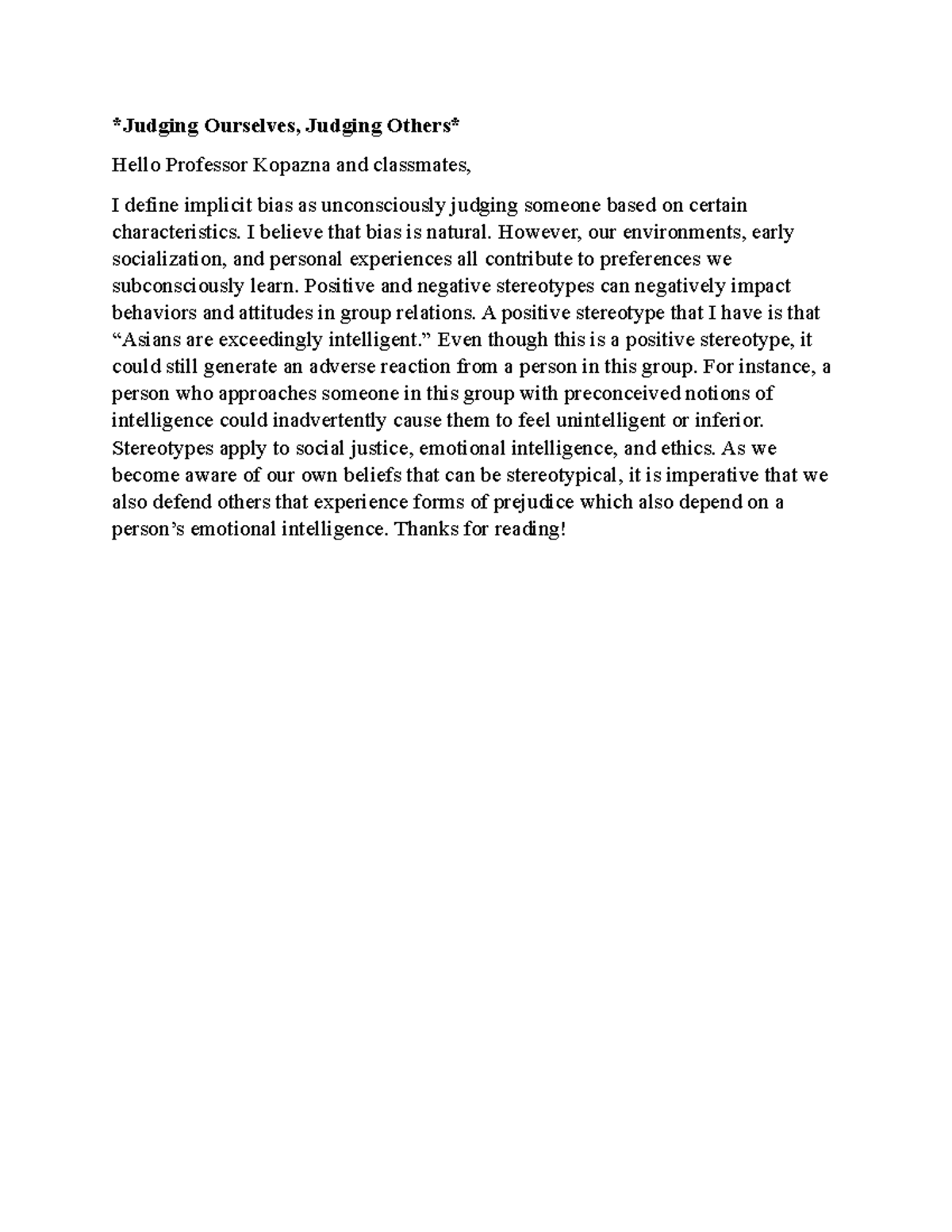 PSY 355 W3 Judging ourselves judging others discussion - Judging ...