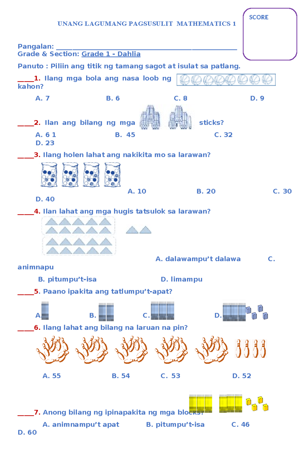 MATH - Summative test - UNANG LAGUMANG PAGSUSULIT MATHEMATICS 1 ...
