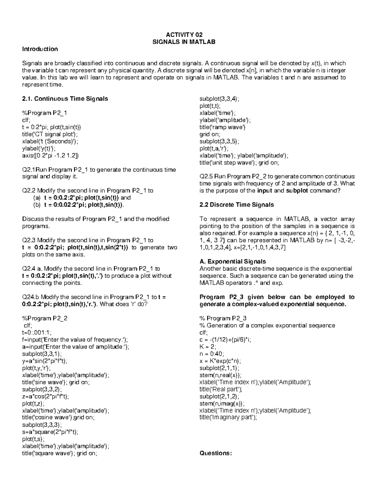 Activity 2 Signals in Matlab - ACTIVITY 02 SIGNALS IN MATLAB Introduction Signals are broadly ...