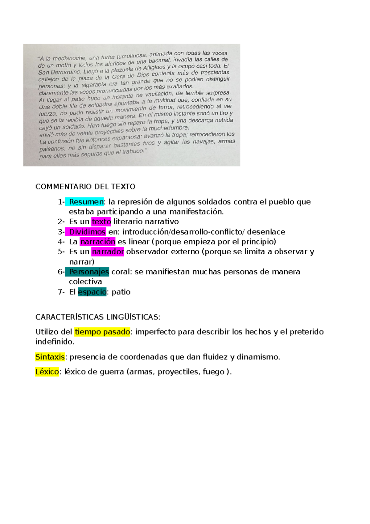 Ej de texto literario narrativo - COMMENTARIO DEL TEXTO 1- Resumen: la ...