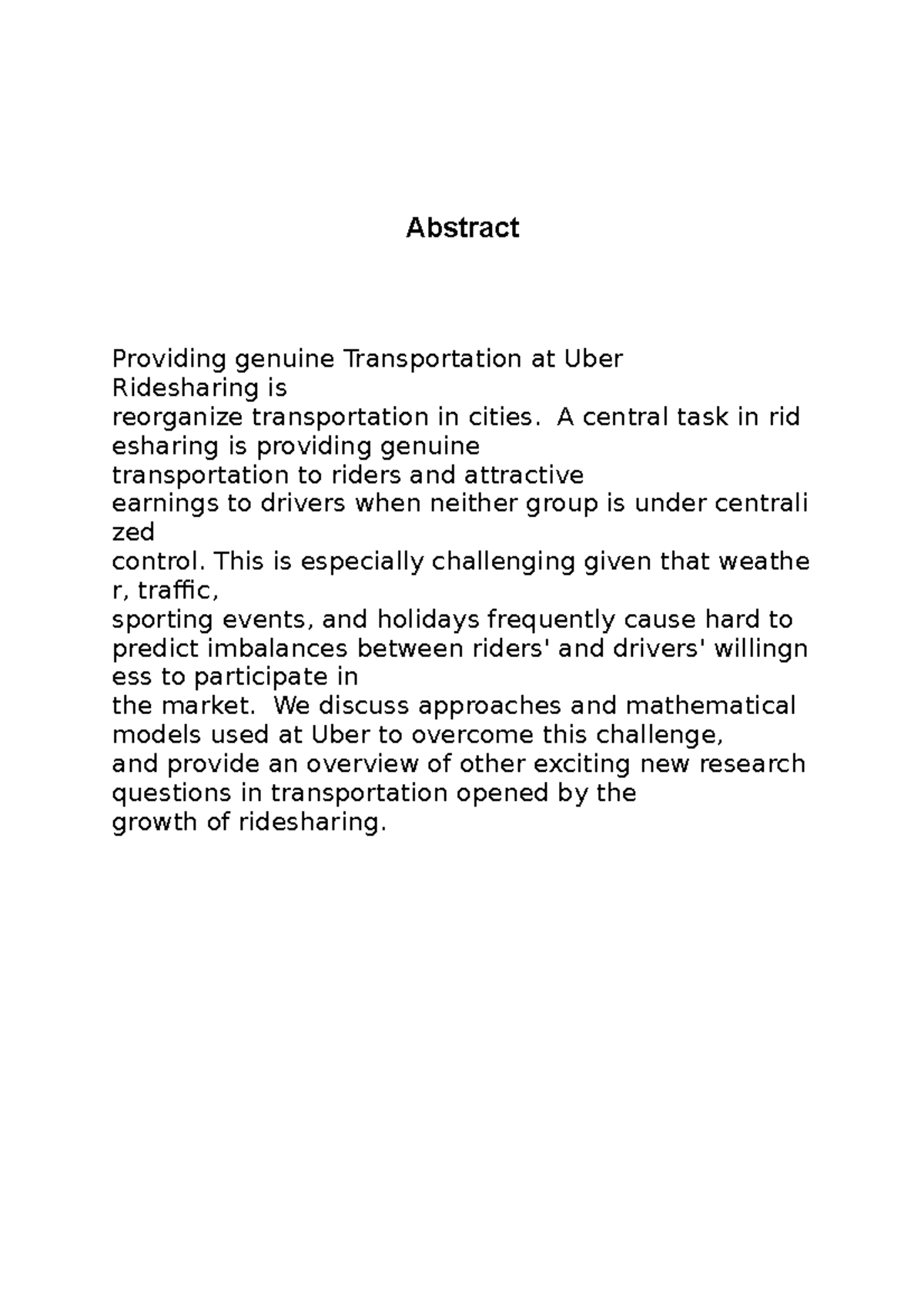 Uber overview - Assignment - Abstract Providing genuine Transportation ...