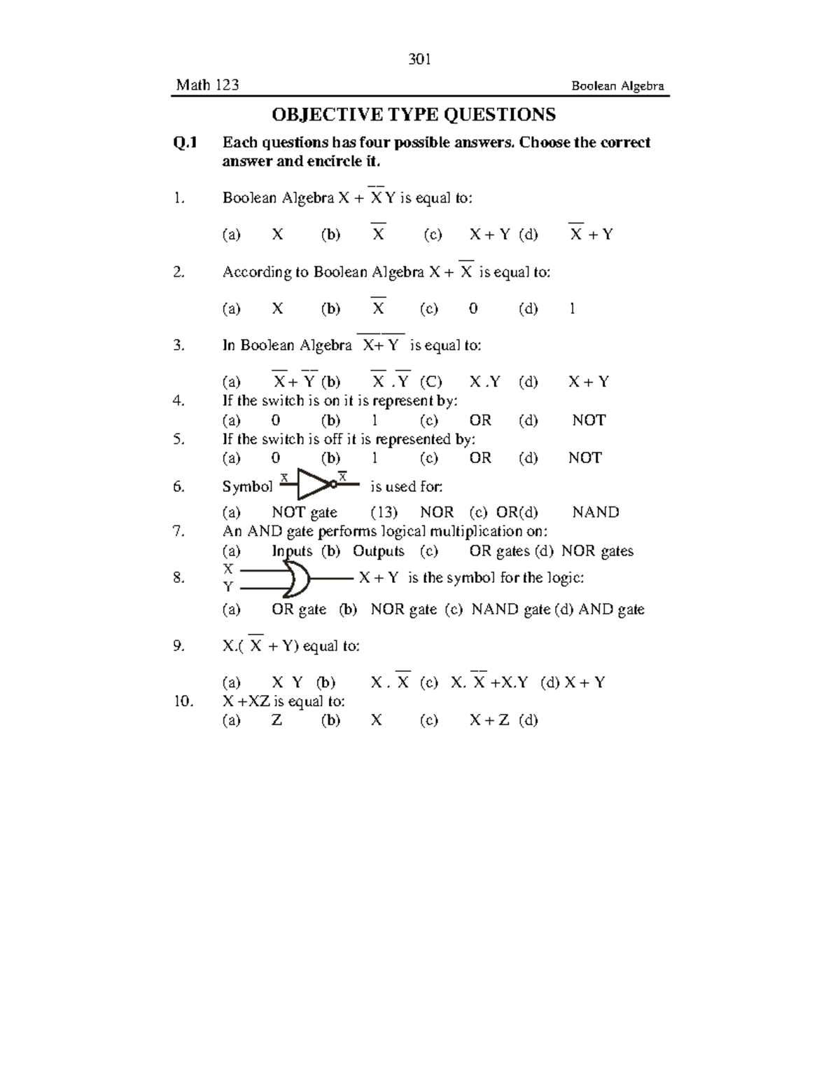 Practice 2 2 - noth - 301 Math 123 Boolean Algebra OBJECTIVE TYPE ...
