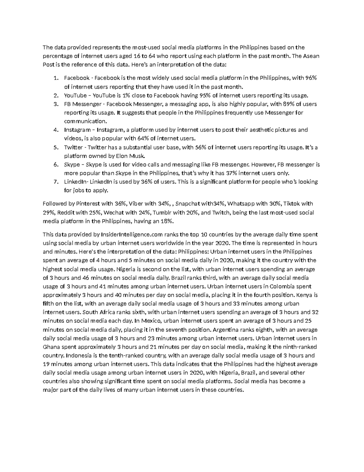 Social Media Data Analysis Activity - The data provided represents the ...