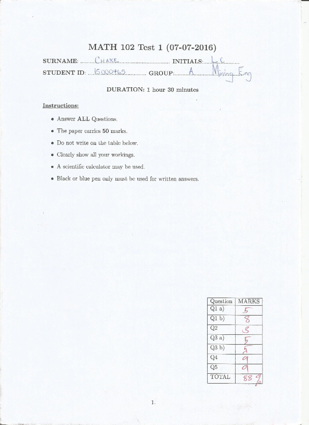 MATH 102 TEST 1 2016 - Test papers - Integral Calculus - Studocu