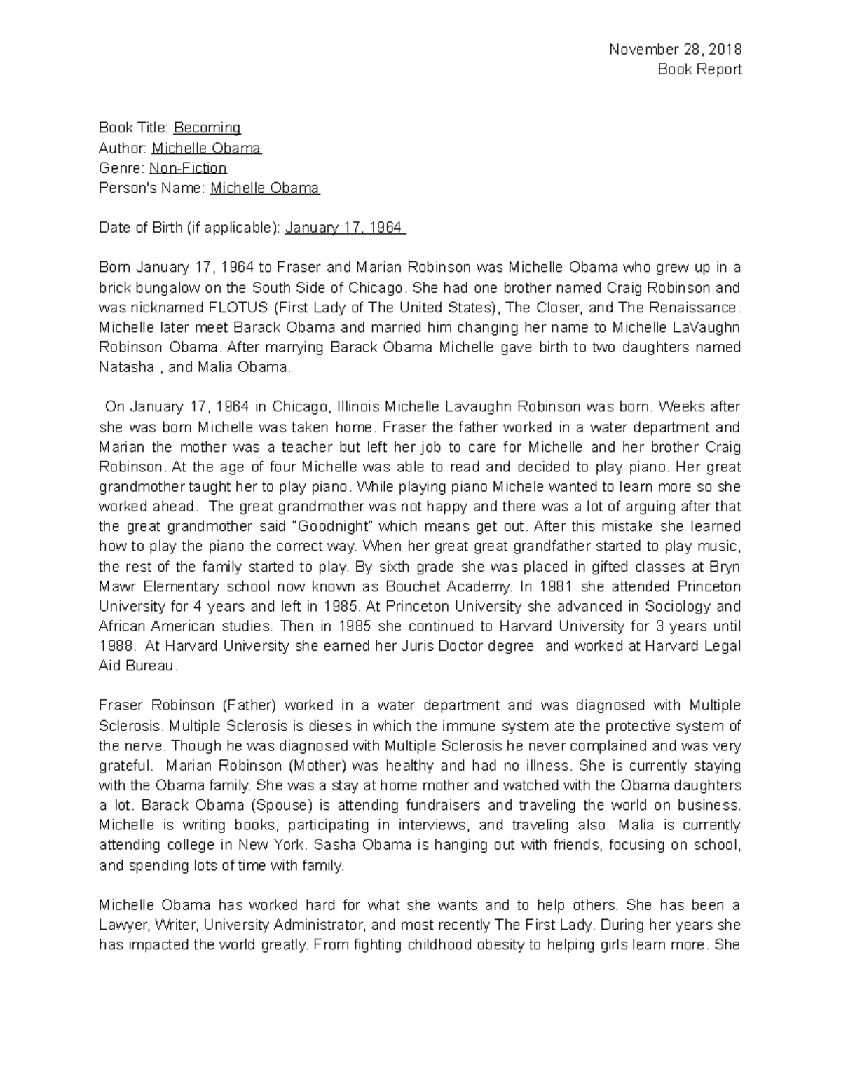 Michelle Obama - This goes over one of the reading materials and sums ...