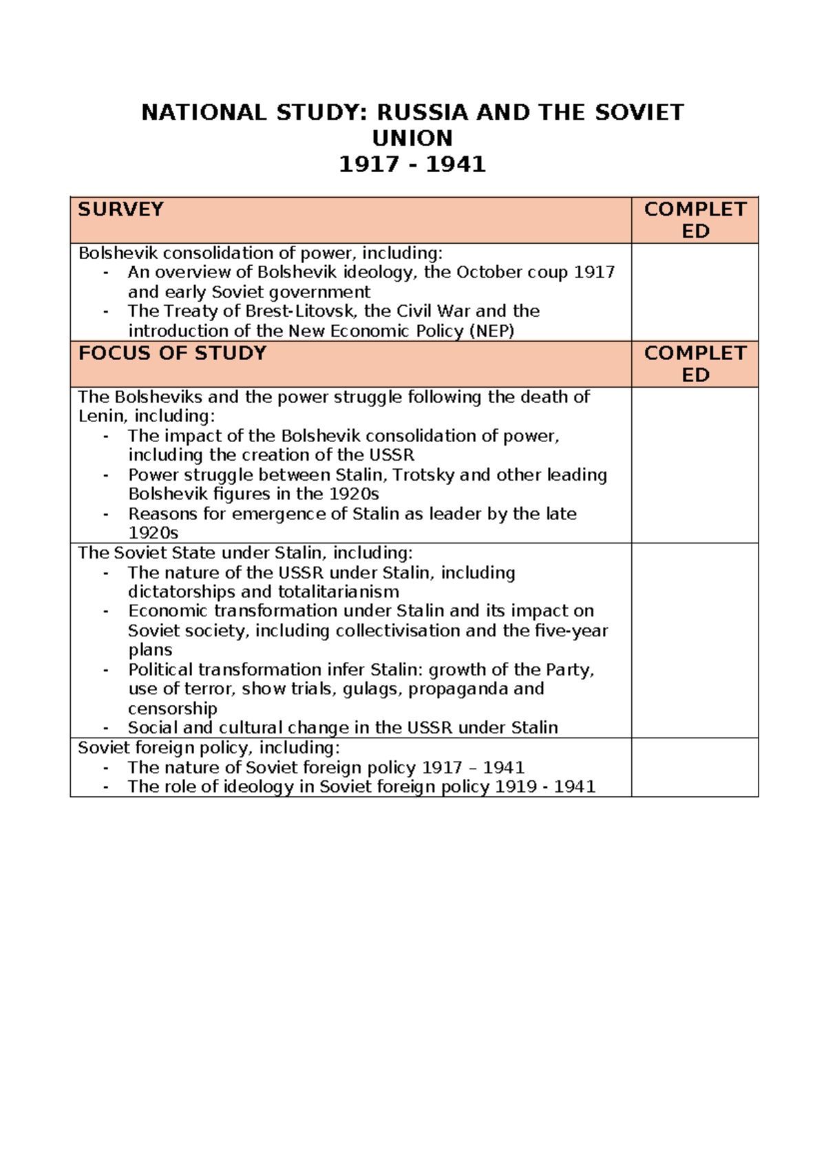 Modern Syllabus Notes Checklist - NATIONAL STUDY: RUSSIA AND THE SOVIET ...