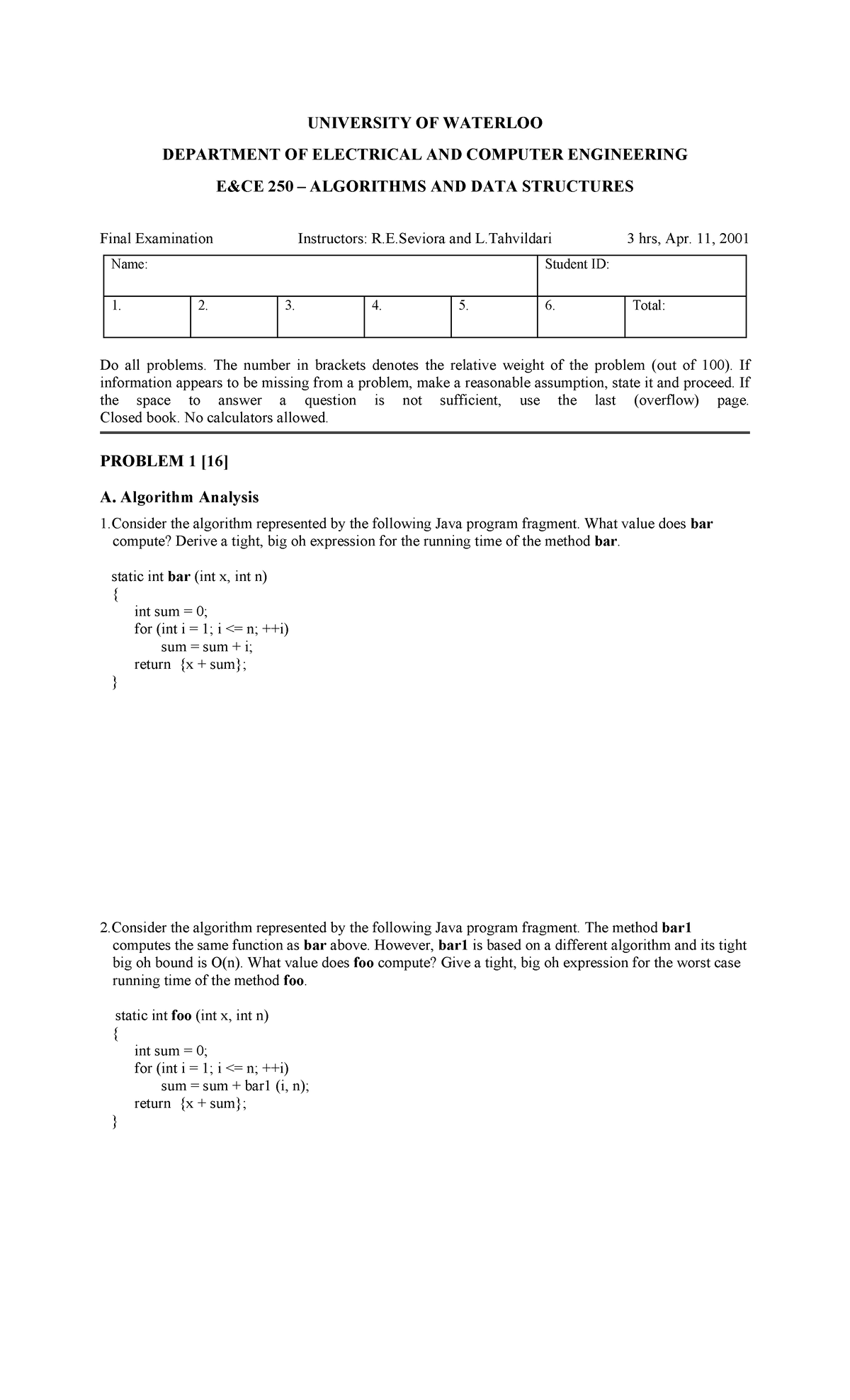 Final W 01 Data Structures And Algorithms University Of Waterloo Department Of Electrical
