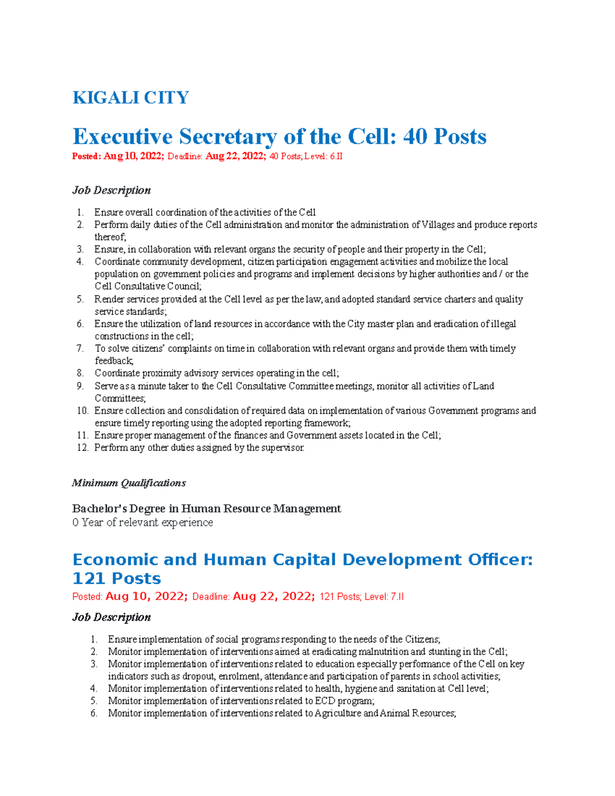 JOB Chr - Administration Office - KIGALI CITY Executive Secretary of ...