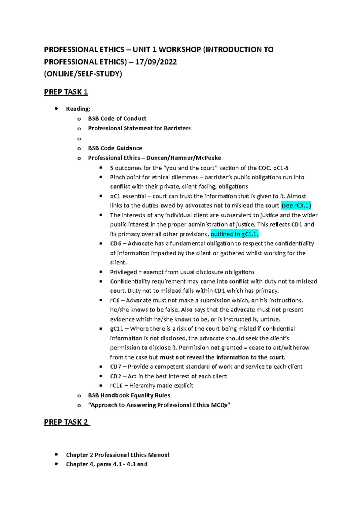 Unit 1 Workshop 17 - notes - PROFESSIONAL ETHICS – UNIT 1 WORKSHOP ...