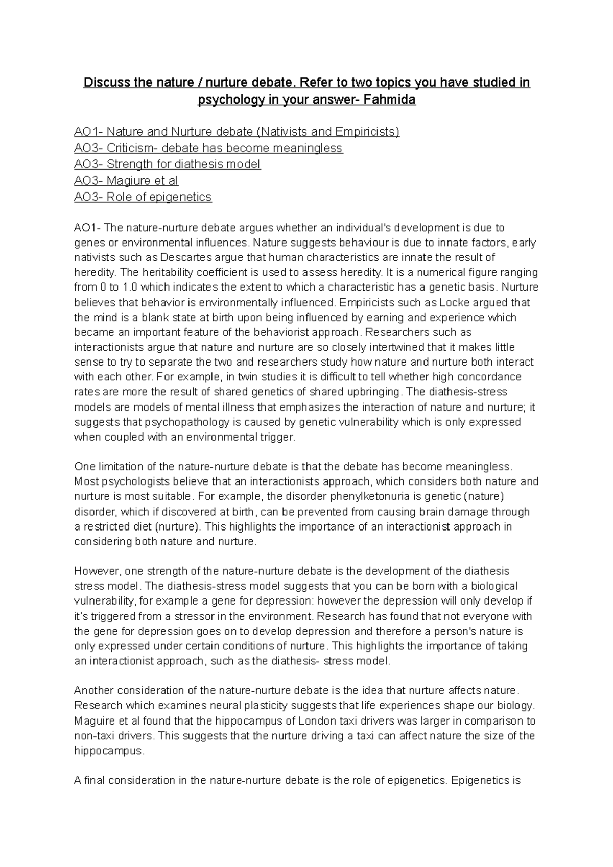 Discuss the Nature Nurture Debate Essay - Discuss the nature / nurture ...