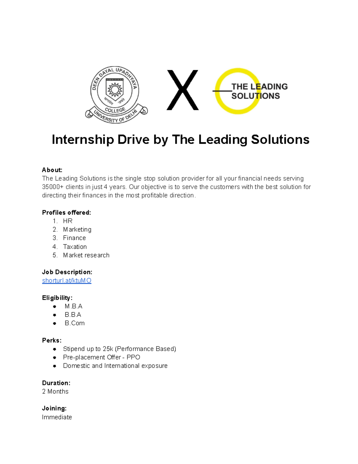 Internship Drive by The Leading Solutions - Bachelors of Business ...