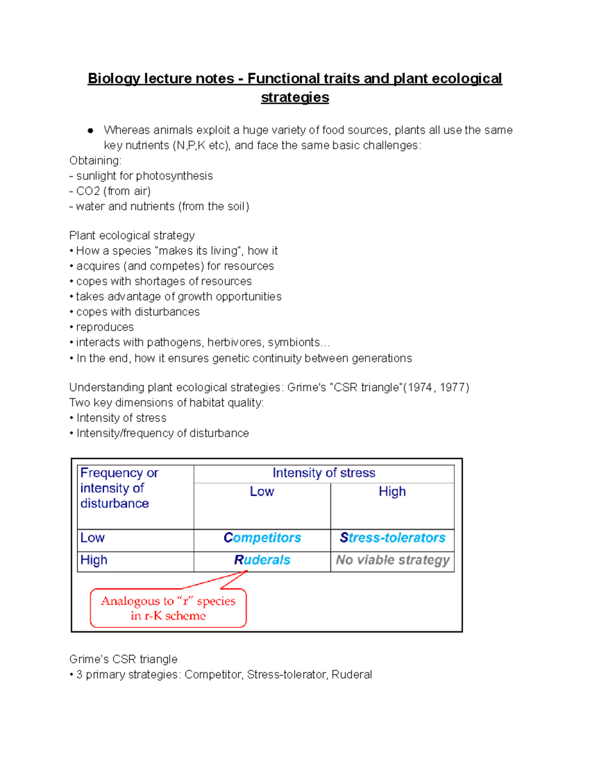 Biology lecture notes - Functional traits and plant ecological ...