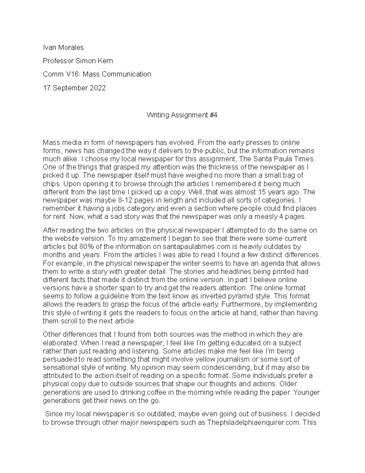 Writing Assignment #4 - Ivan Morales Professor Simon Kern Comm V16 ...