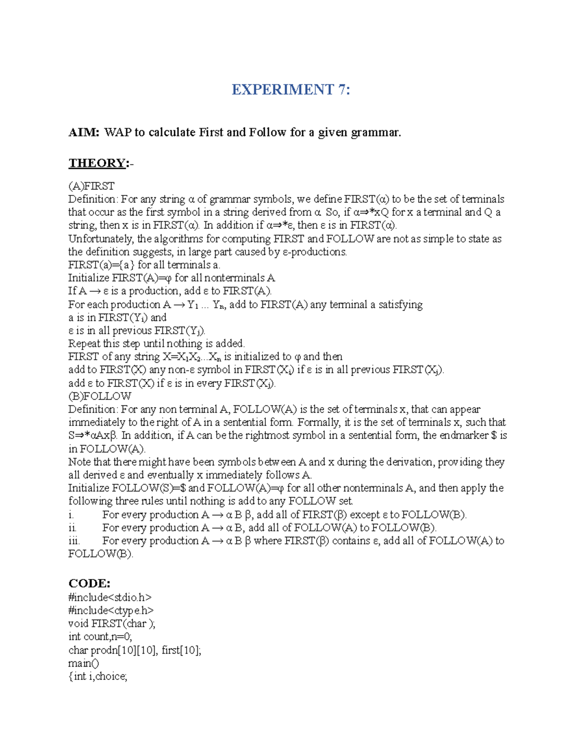 Lab 7 CC - compiler - EXPERIMENT 7: AIM: WAP to calculate First and ...