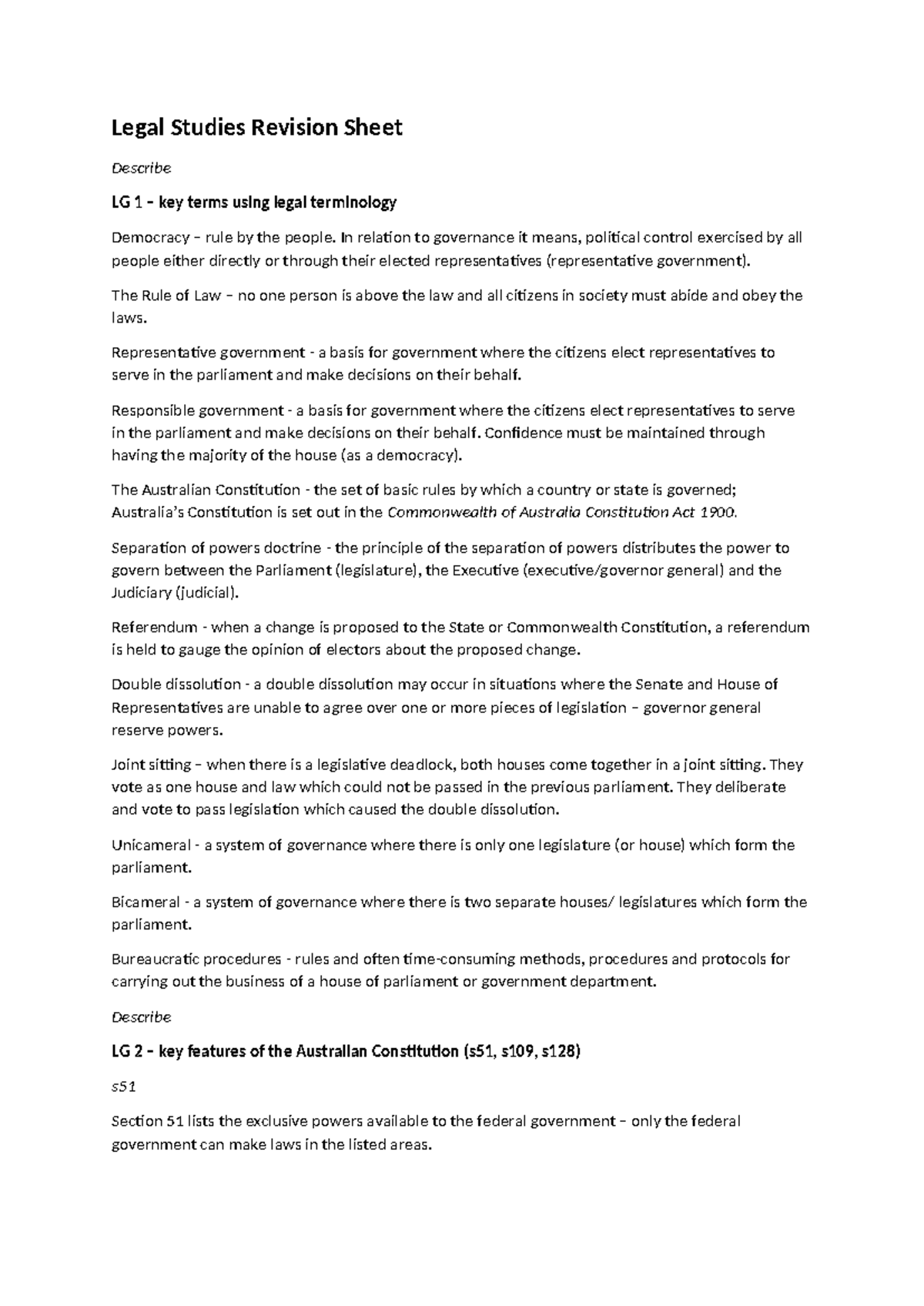 legal-studies-revision-sheet - Legal Studies Revision Sheet Describe LG ...