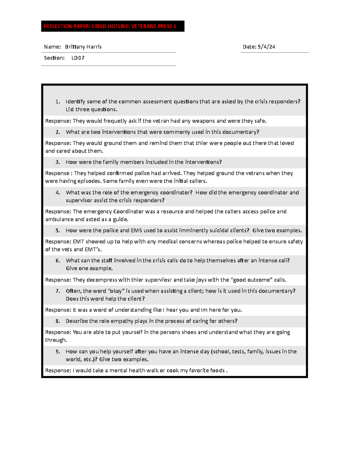 Reflection Paper Clinical Hot Line - REFLECTION PAPER: CRISIS HOTLINE ...