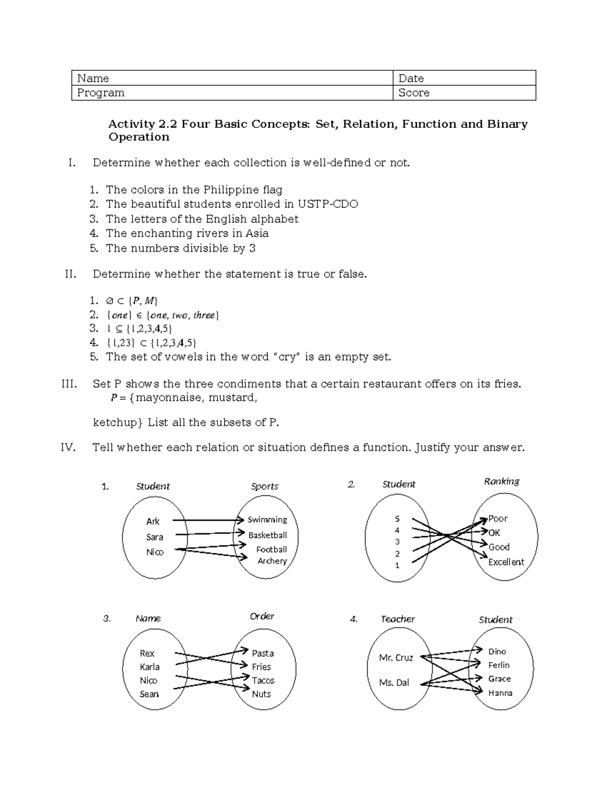 Activity-2 - PREMIUM - Name Date Program Score Activity 2 Four Basic Concepts: Set, Relation ...