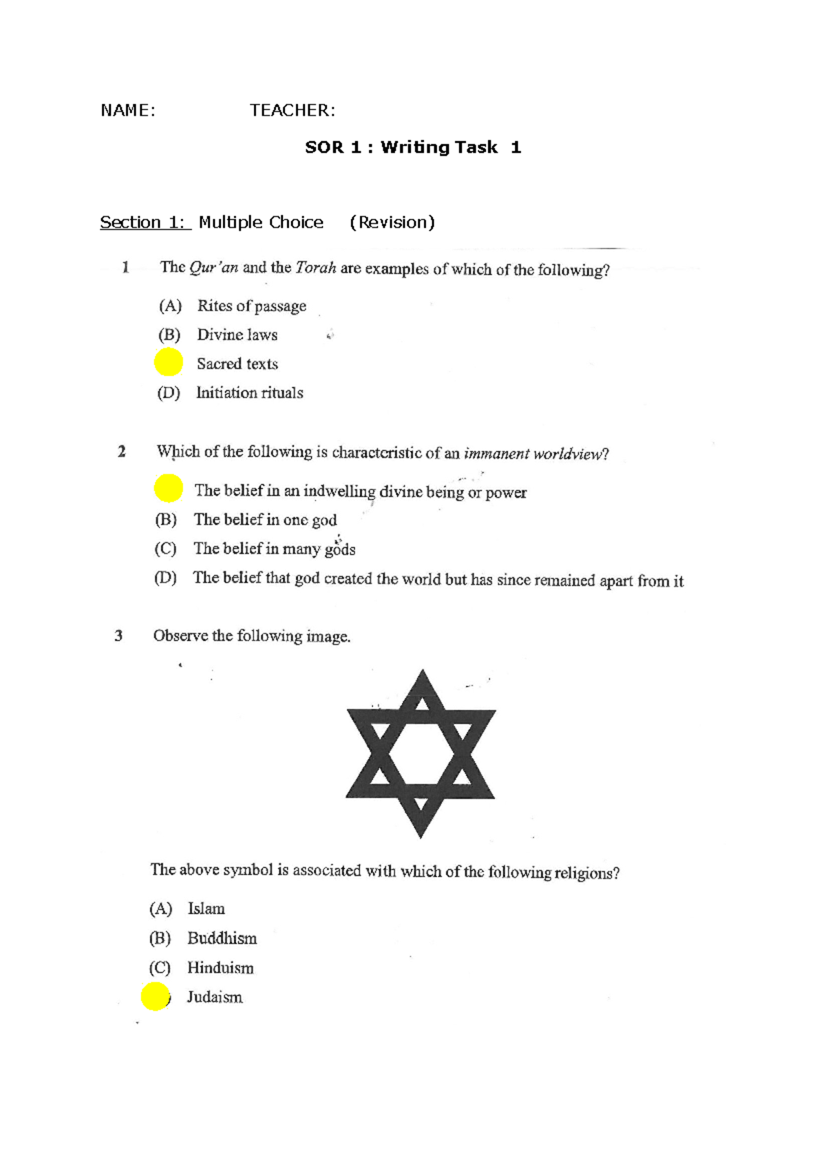 SOR Task 1 - Practice questions copy - NAME: TEACHER: SOR 1 : Writing ...
