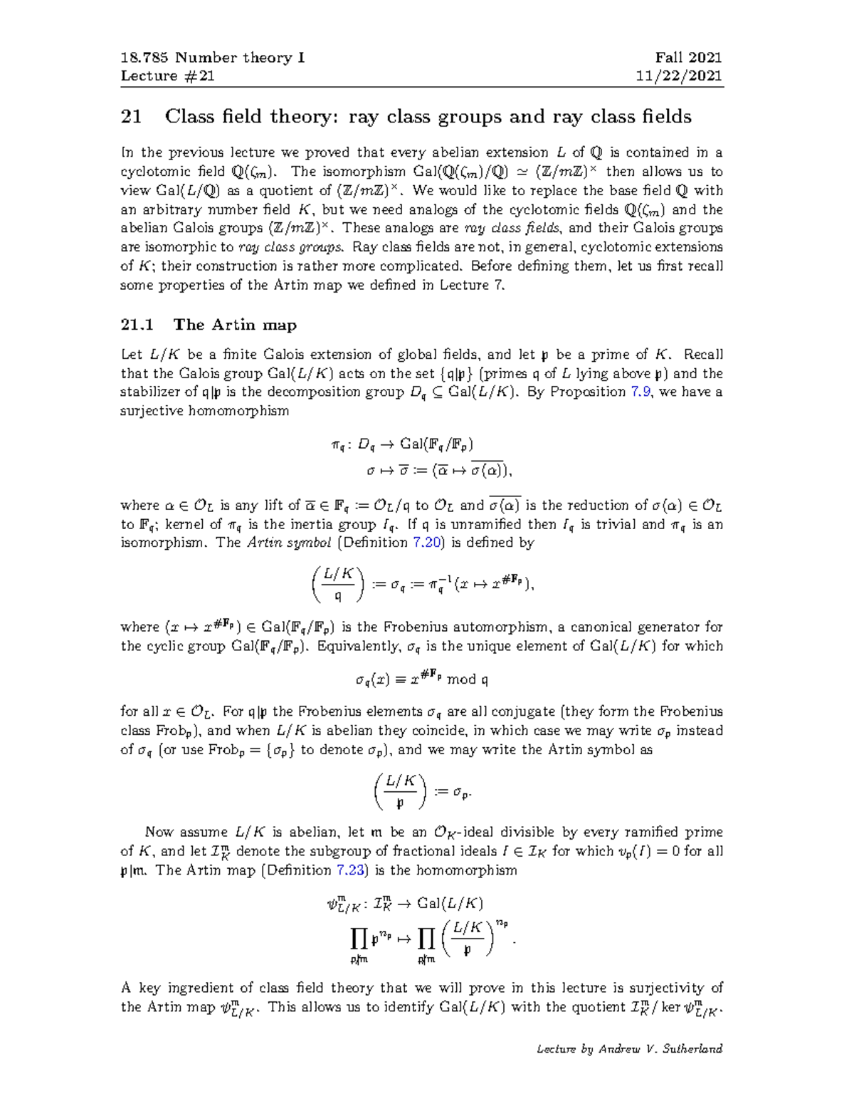 Number Theory I Lecture 21 - 18 Number theory I Lecture # Fall 2021 11 ...