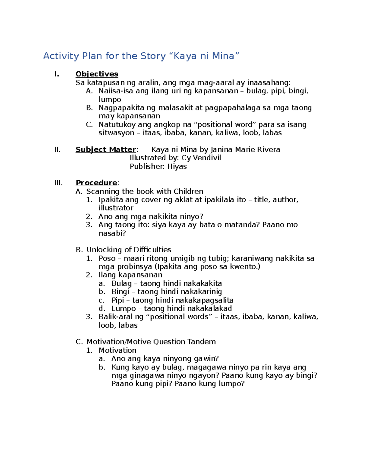 Activity Plan for Storytelling - Kaya ni Mina - Activity Plan for the ...