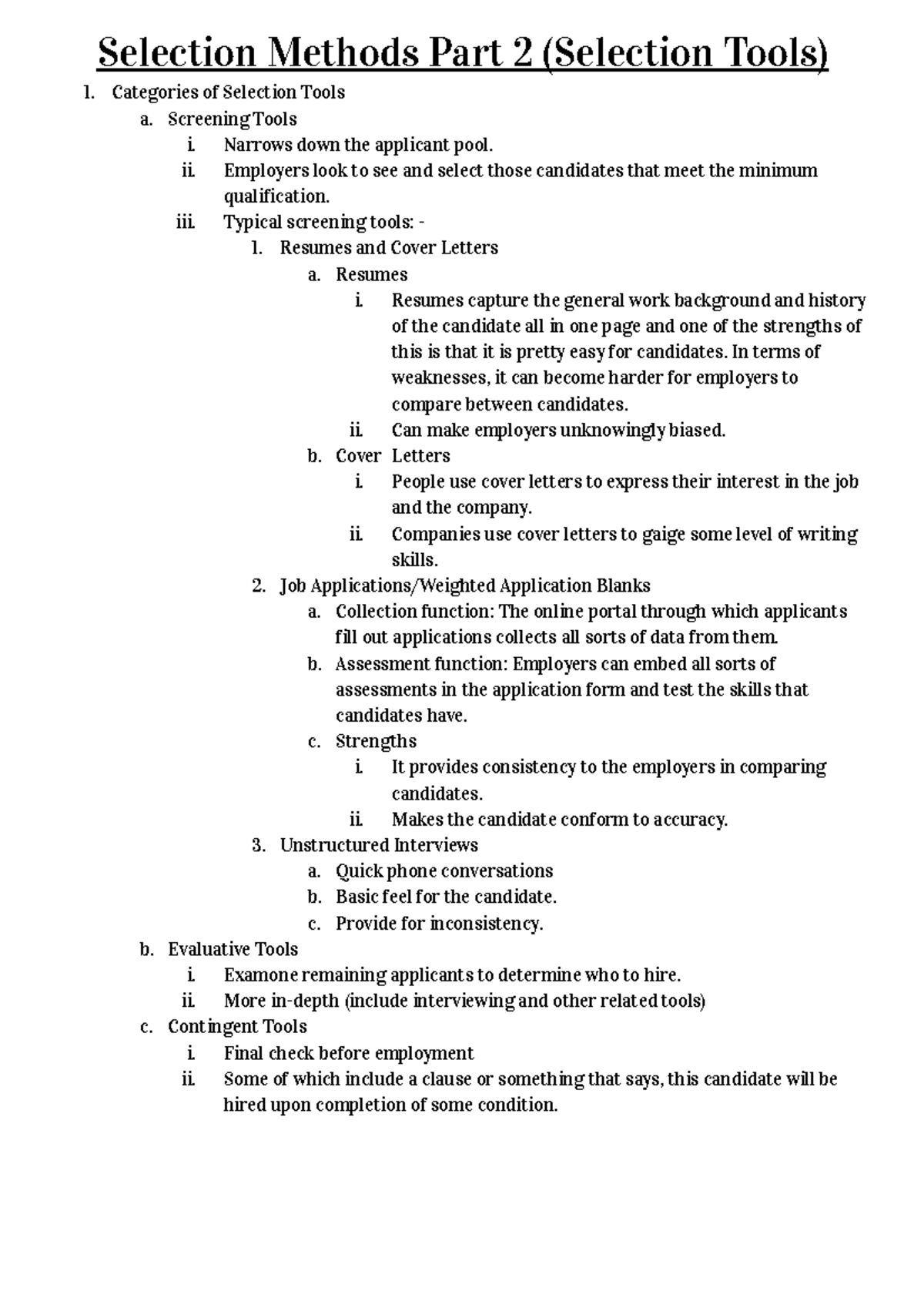 Selection Methods Part 2 (Selection Tools) - Screening Tools i. Narrows ...