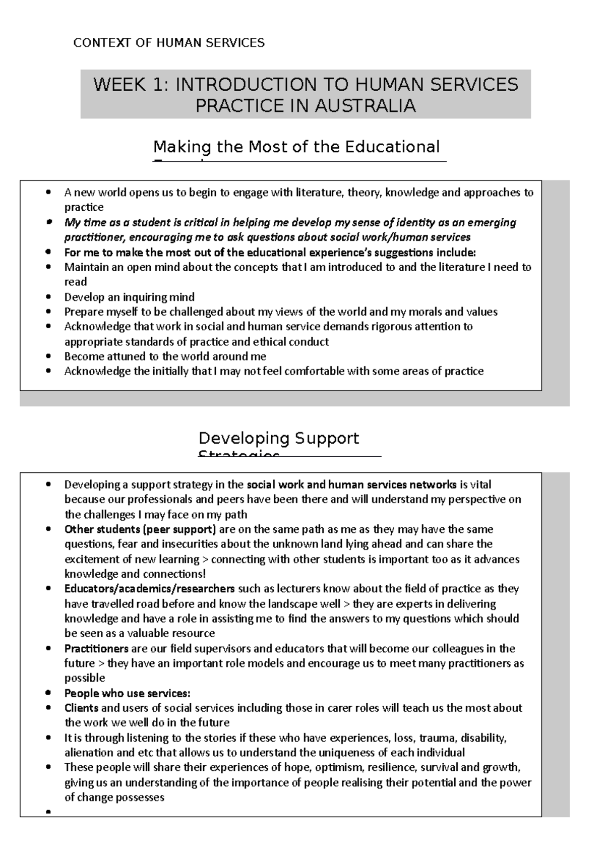 Notes - jcbefyvyervebi - WEEK 1: INTRODUCTION TO HUMAN SERVICES ...