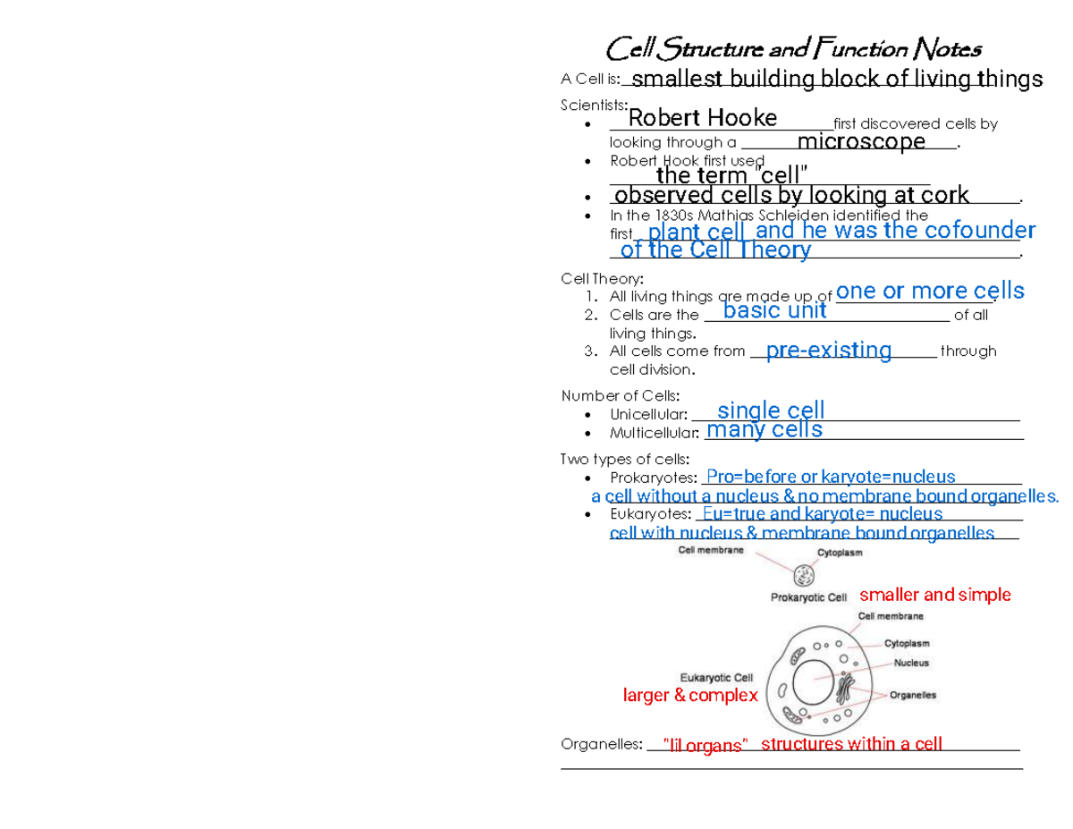 Cell Structure and Function Notes - Scientists ...