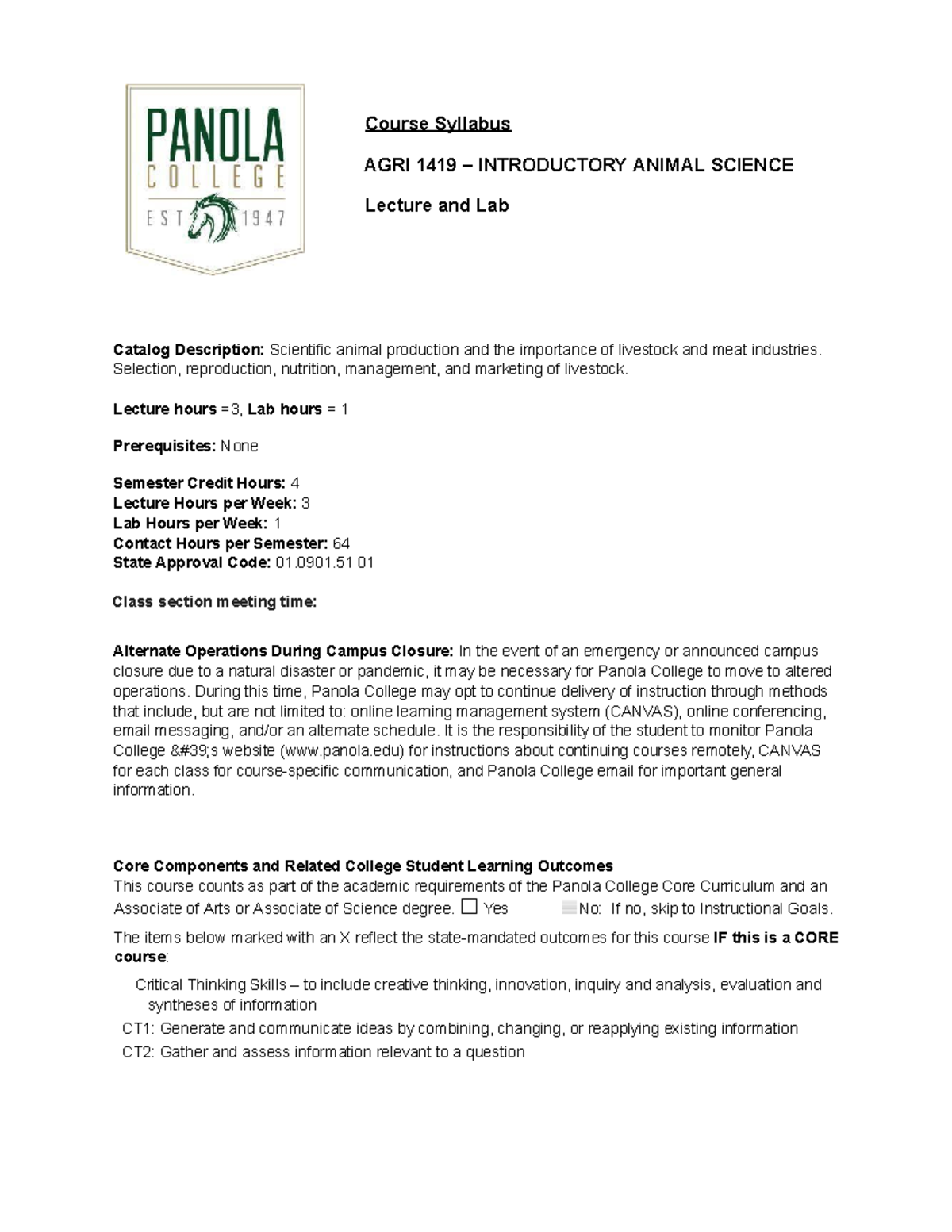 Agri1419 - sdfdsf - Course Syllabus AGRI 1419 – INTRODUCTORY ANIMAL ...