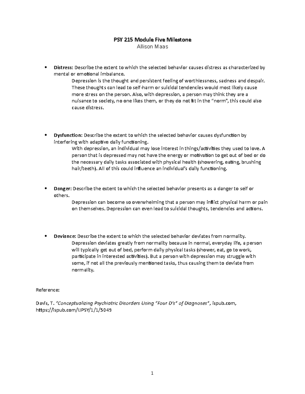 PSY 215 Module Five Milestone - PSY 215 Module Five Milestone Allison ...